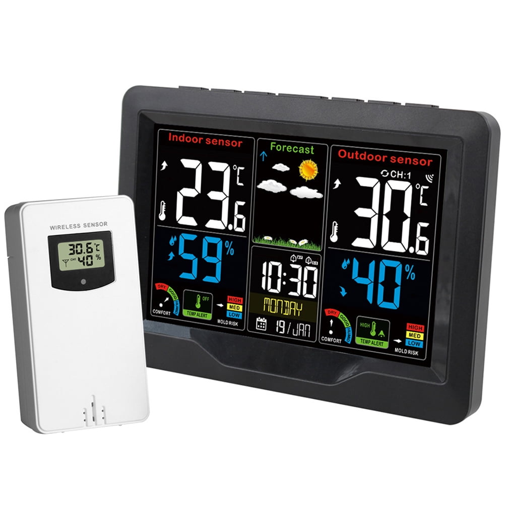 FRCOLOR Wireless Sensor Alarm Clock Digital Weather Meter Color Screen ...