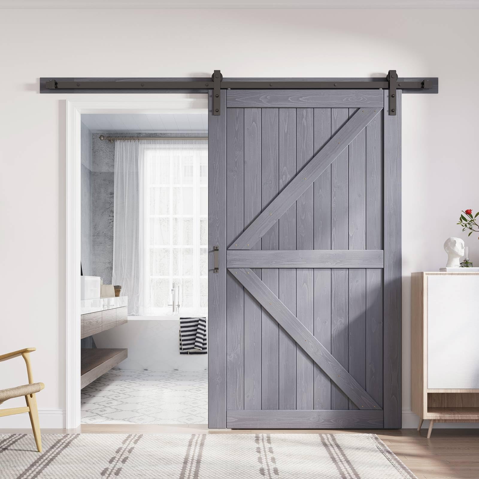 FREDBECK 48in x 84in Gray Wood Barn Door Slab with 8ft (96inch) Barn Door Hardware Track Kit and ...