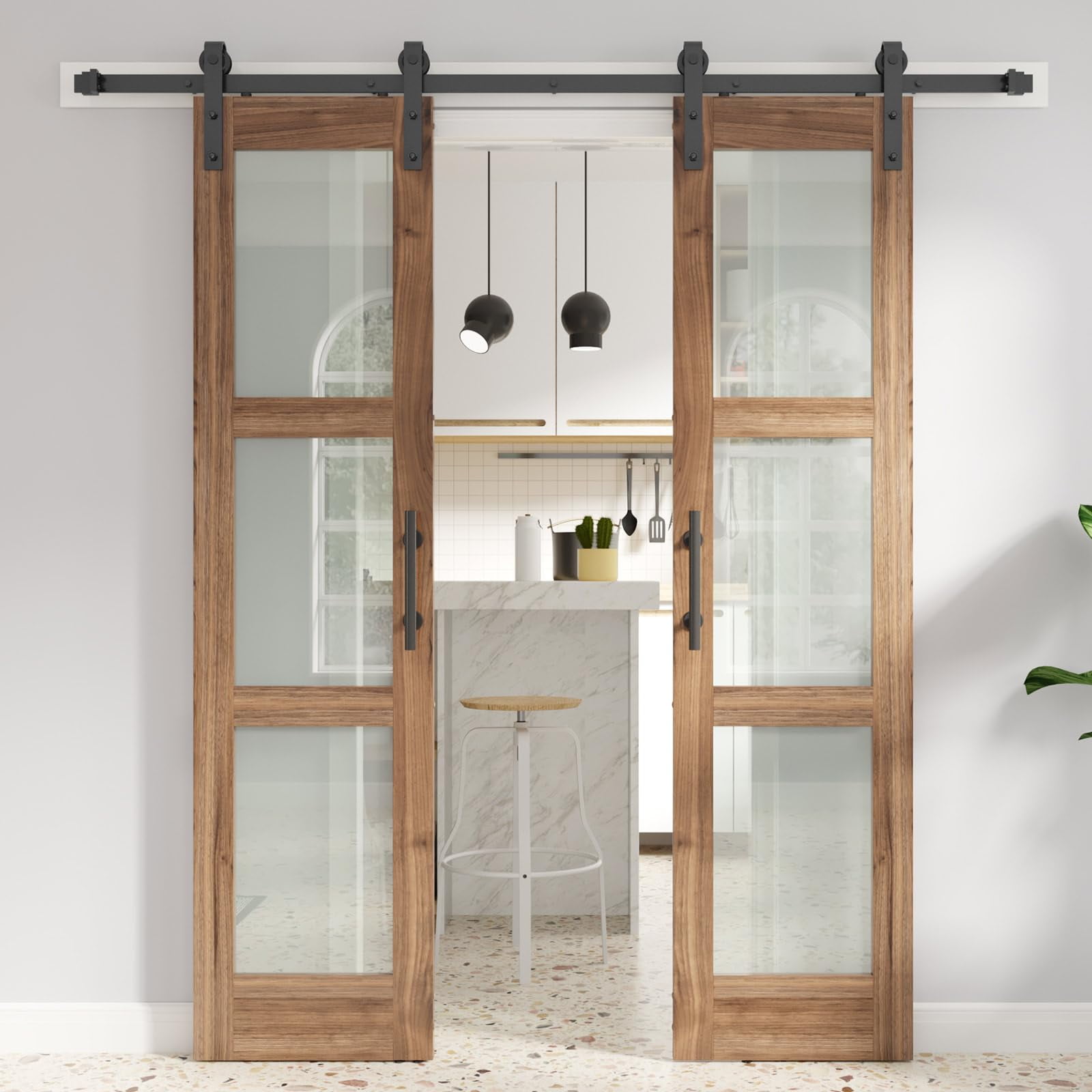 FREDBECK Double 21 x 84 inch Glass Barn Doors 36inch Barn Door with 7FT ...