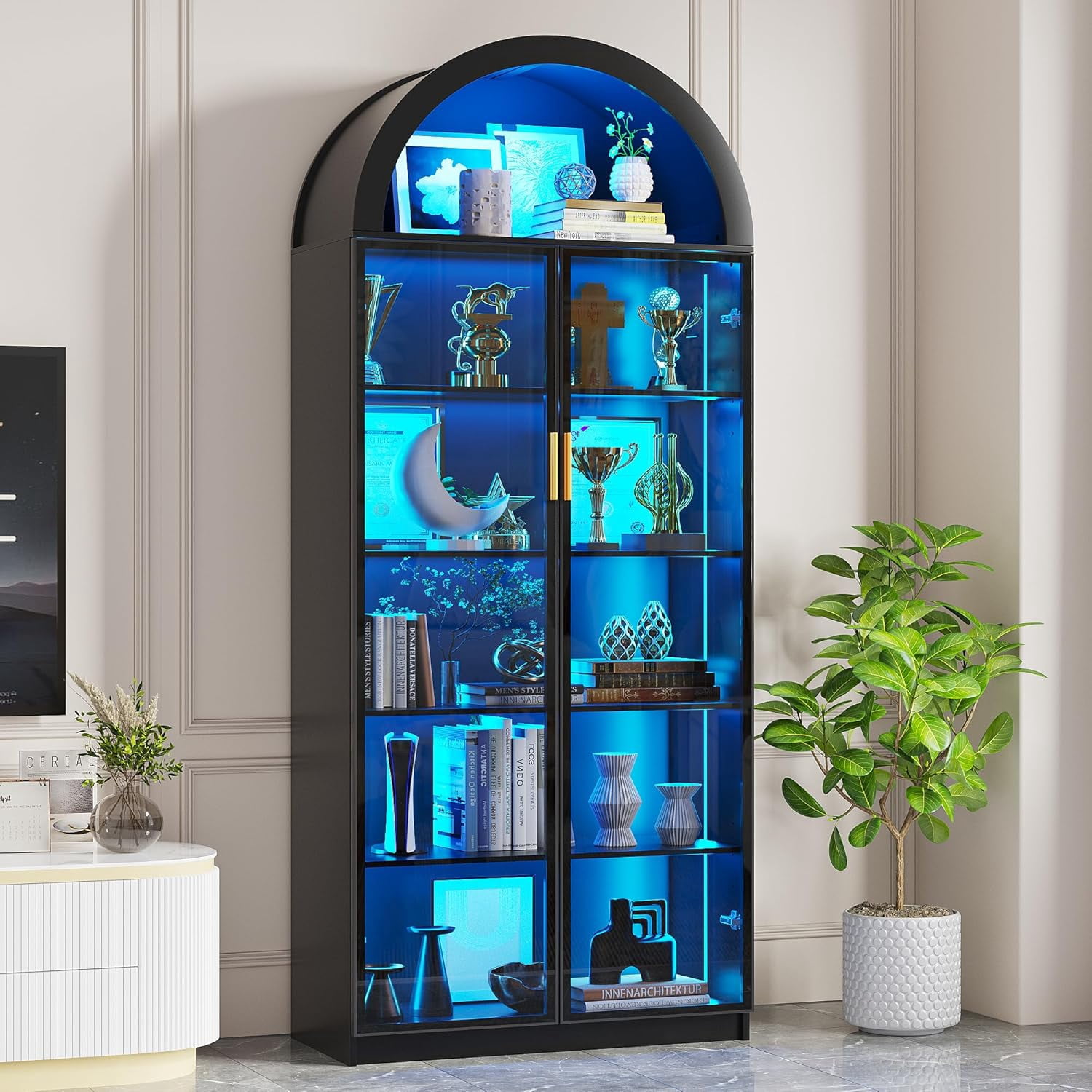FREDEES Arch Display Cabinet with Doors, 76" Tall Display Case with ...