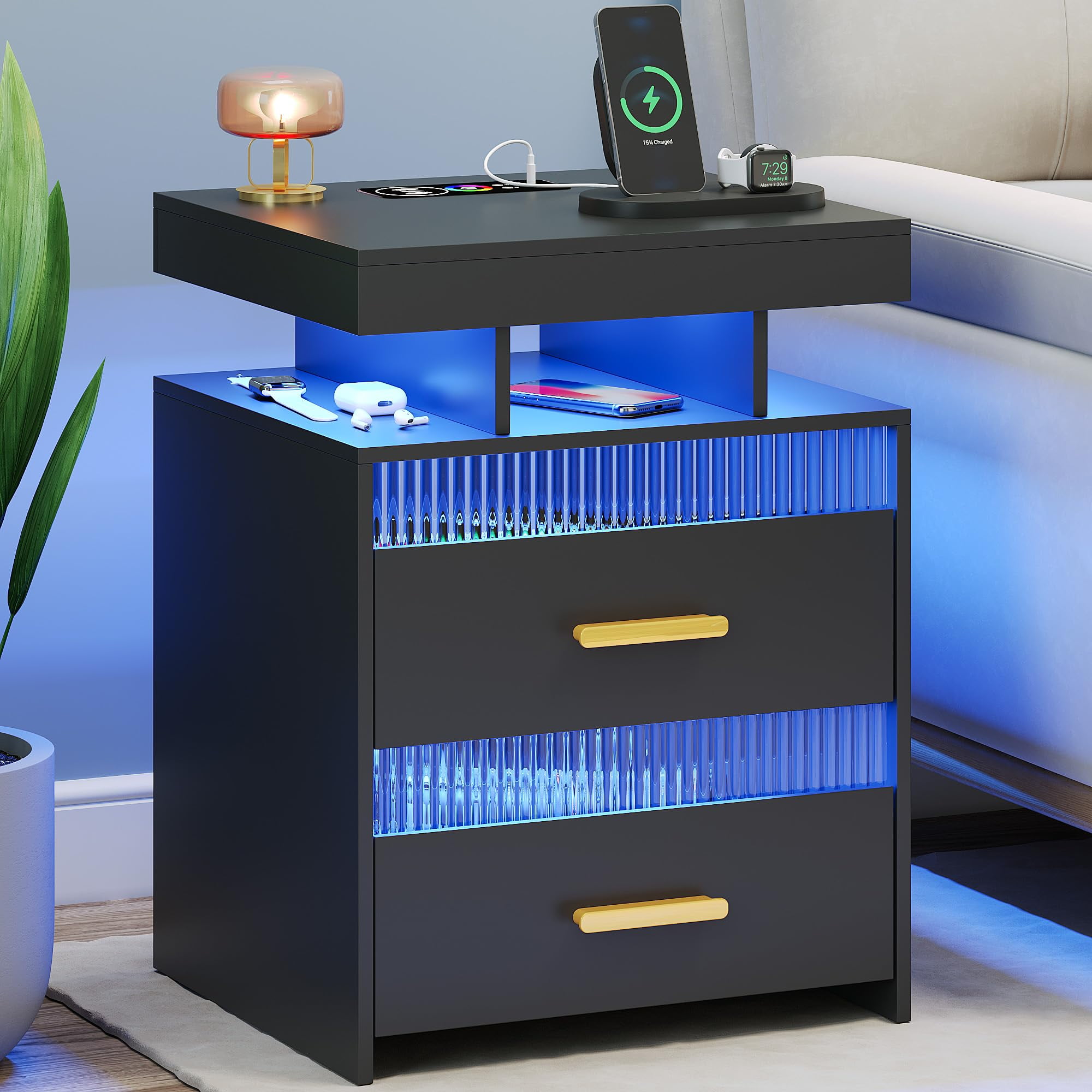 FREDEES Black Nightstand with Charging Station: Smart Night Stand ...