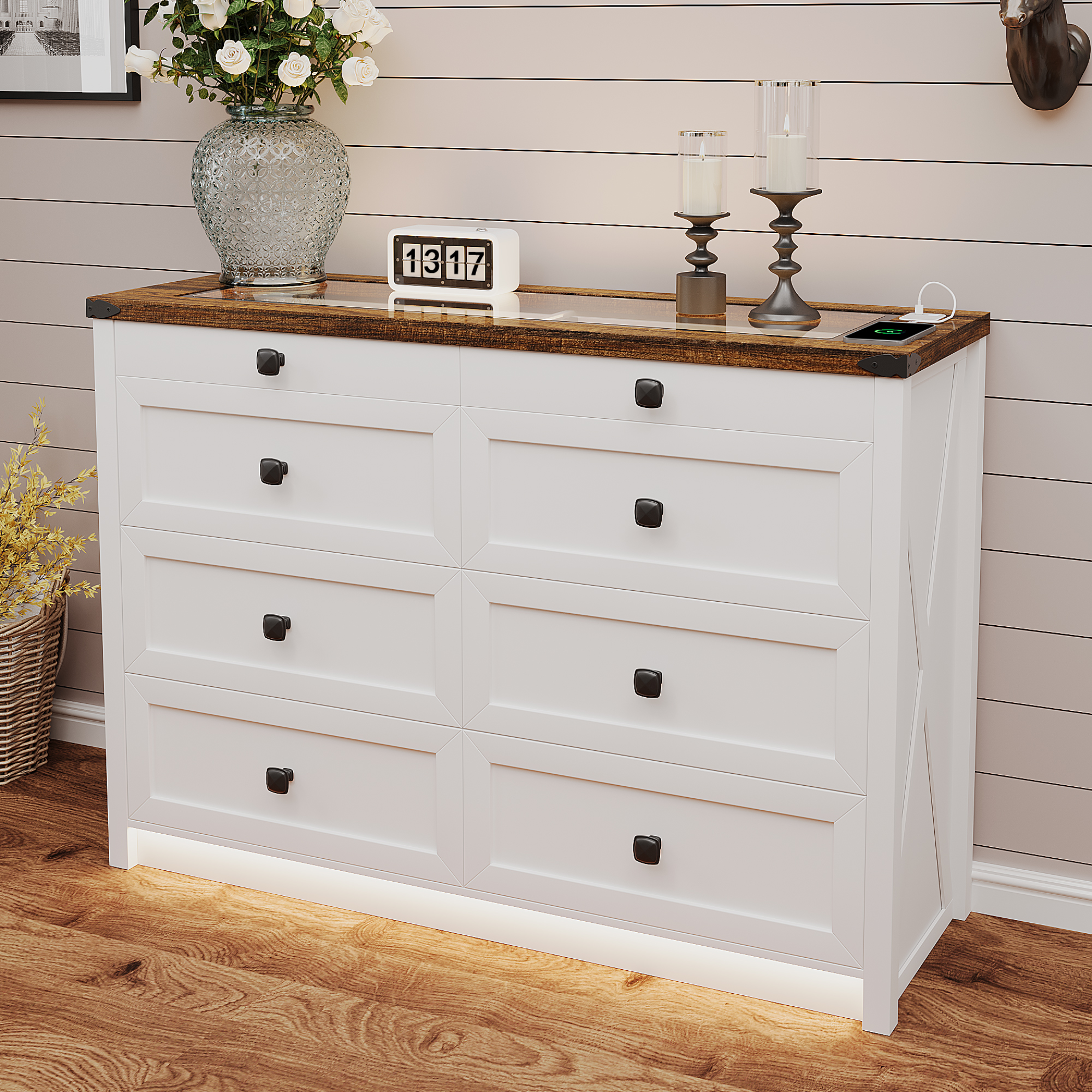 FREDEES Farmhouse Dresser for Bedroom with 8 Drawers, Wood Tall Chest ...