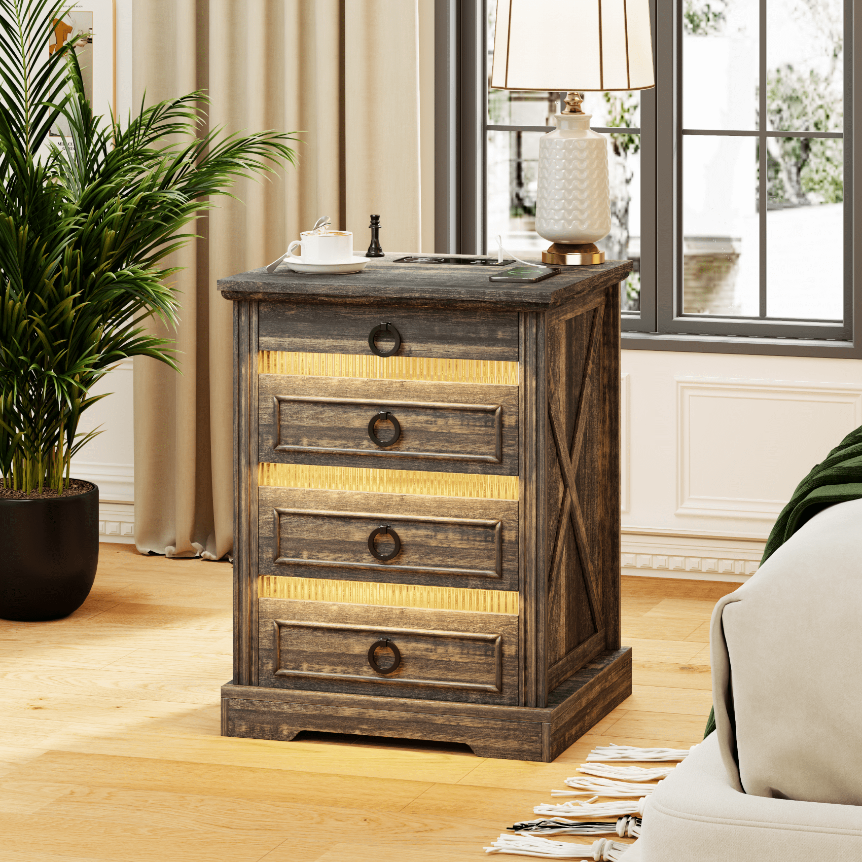 FREDEES Farmhouse Nightstand with Gun Drawer, Bedside Table with ...