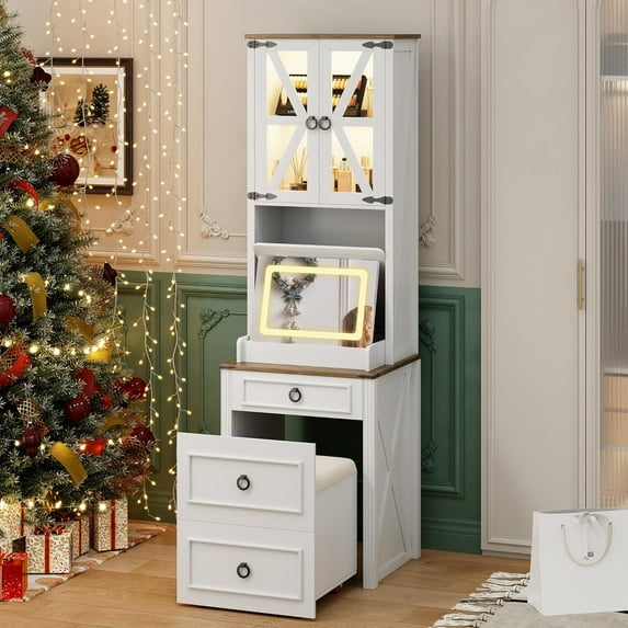 FREDEES Farmhouse Vanity Desk with Mirror,Small Makeup Vanity Set with ...