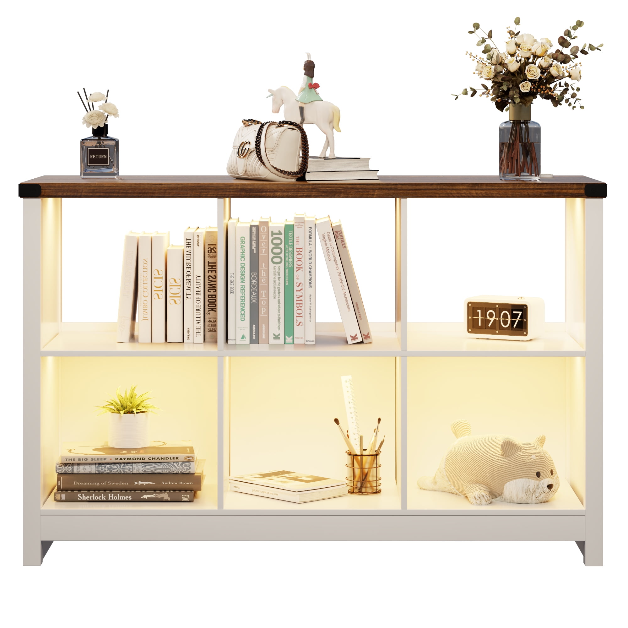 FREDEES Farmhouse White Bookcase with Led Lights, Mid Century Modern 6 ...