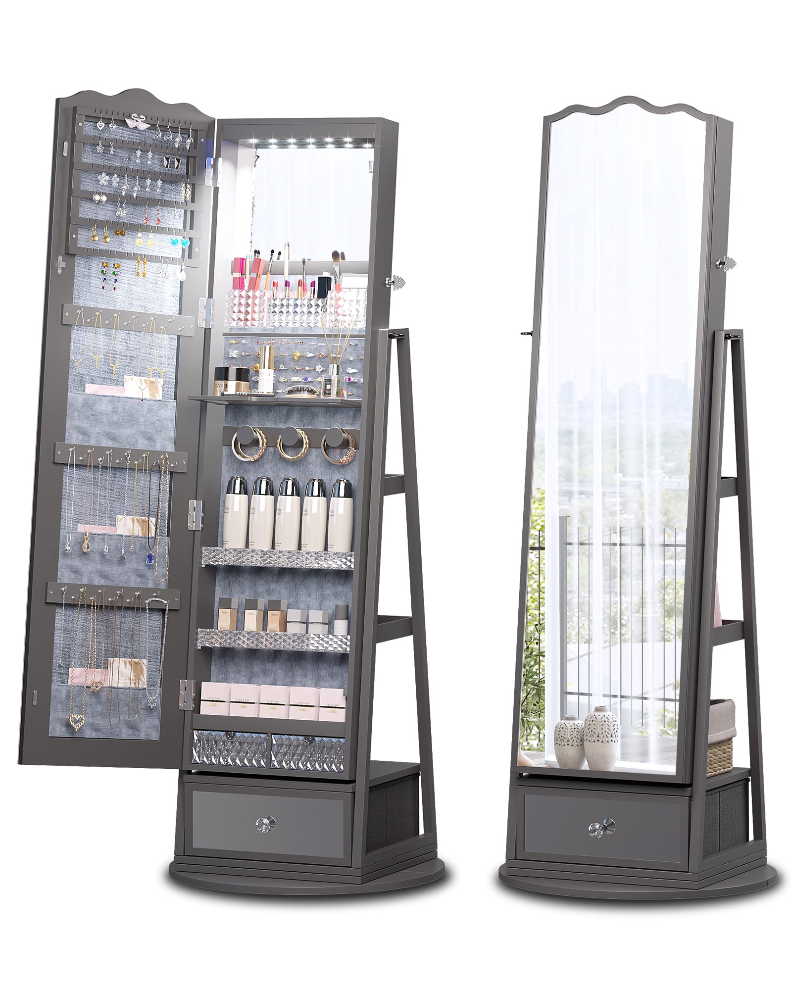 FREDEES Rotating Full-length Mirror Jewelry Cabinet with LED Lights ...