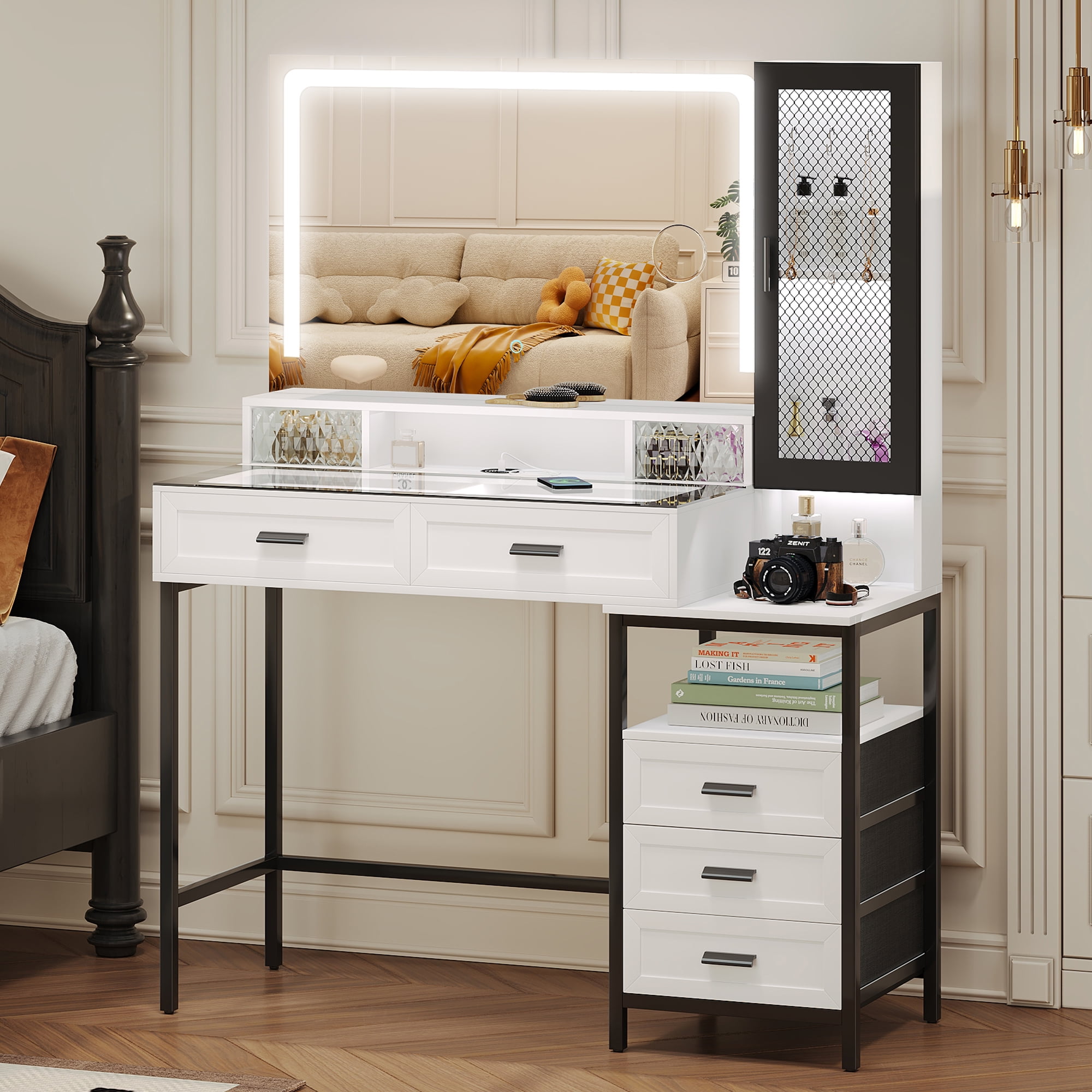 FREDEES Large Set Drawers Makeup Vanity Table w/ LED Lights, Wood ...