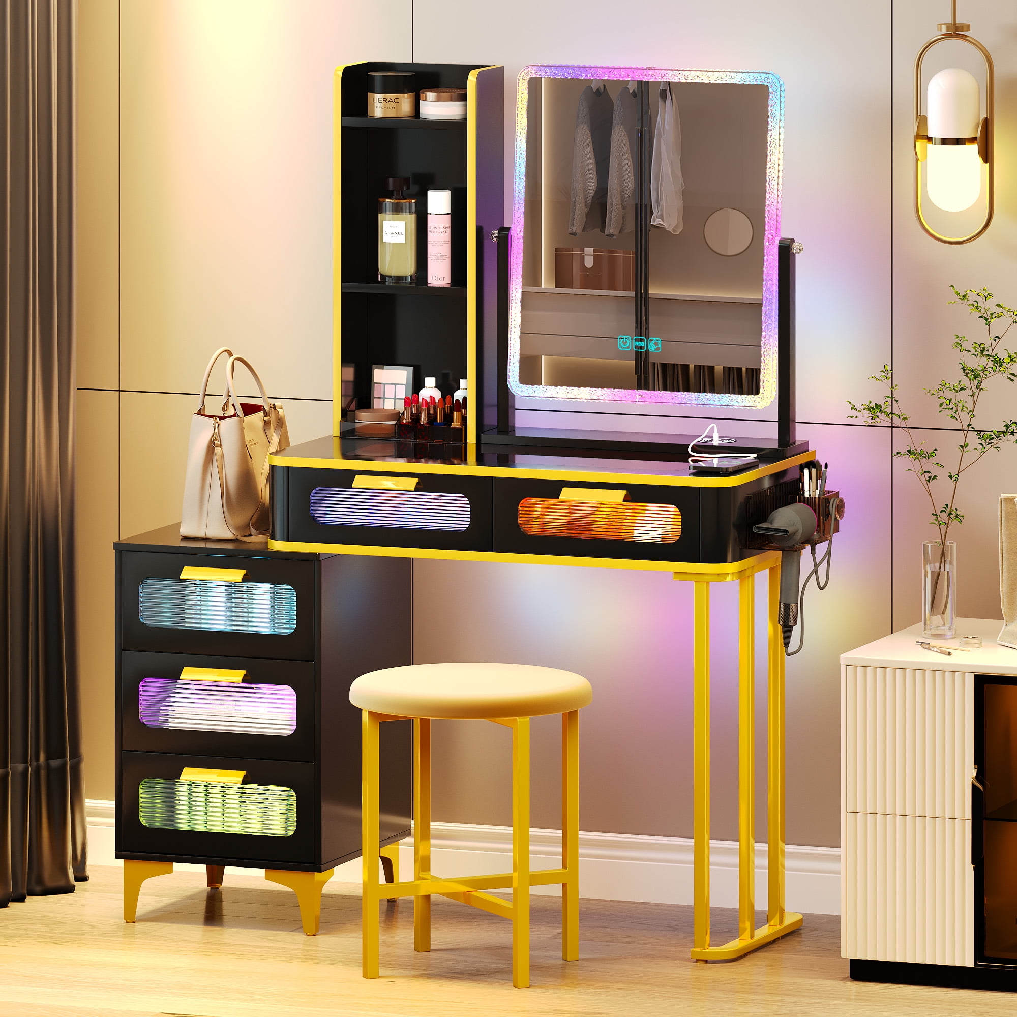 FREDEES Glass Top Makeup Vanity Set with Wood Drawers, LED Lights ...