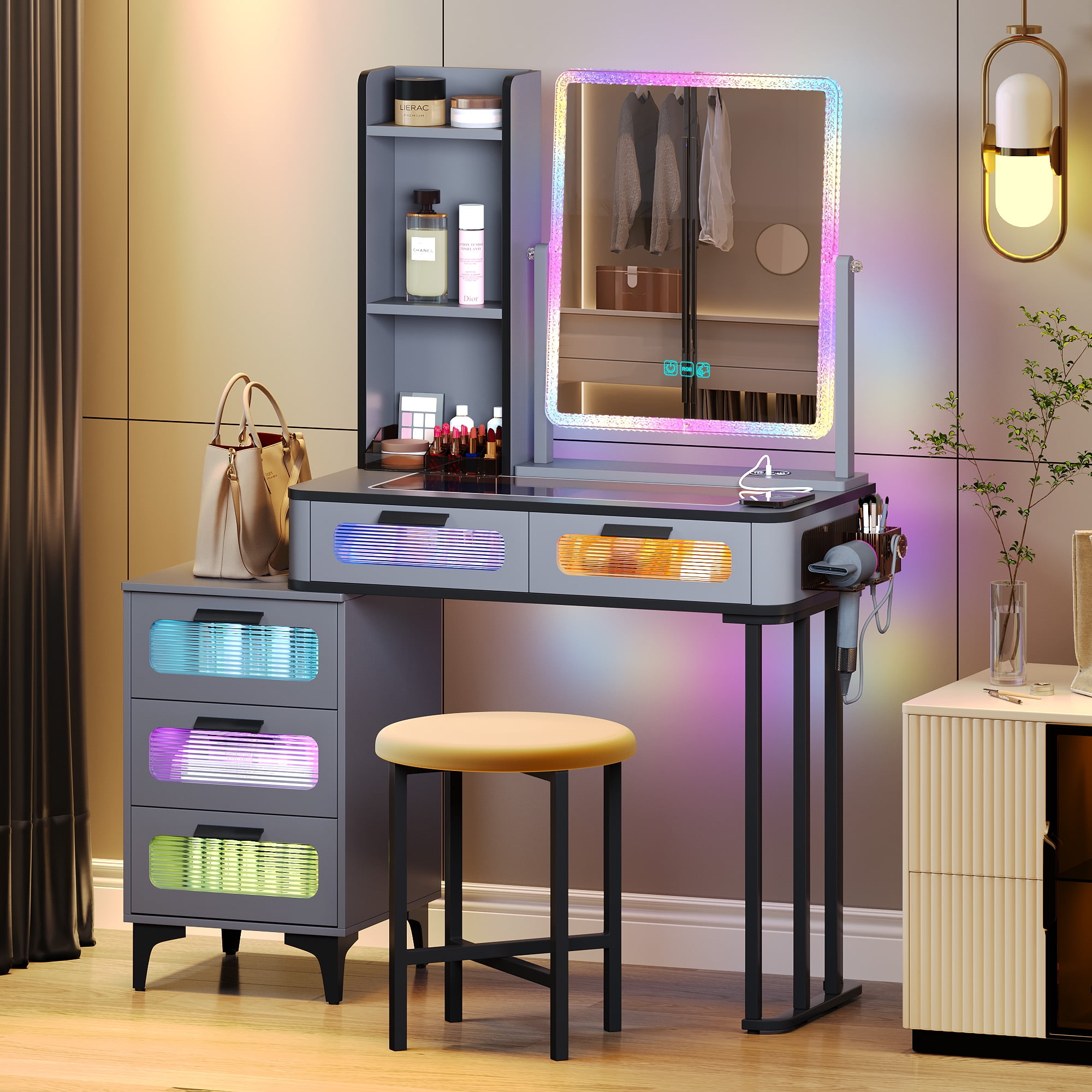 FREDEES Glass Top Makeup Vanity Set with Lights and Mirror, Modern ...