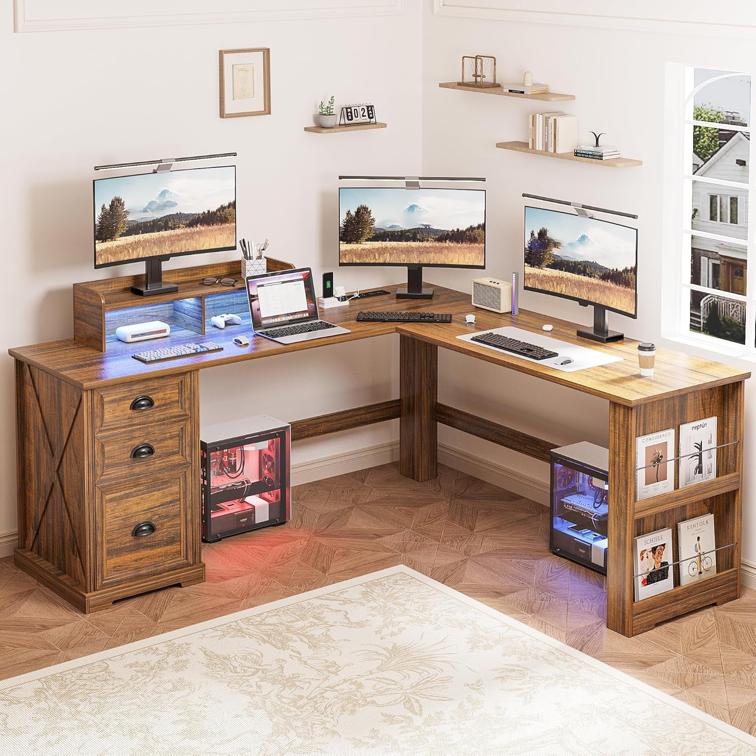FREDEES L Shaped Desk with Movable Stand and Led Lights, 59 inch ...