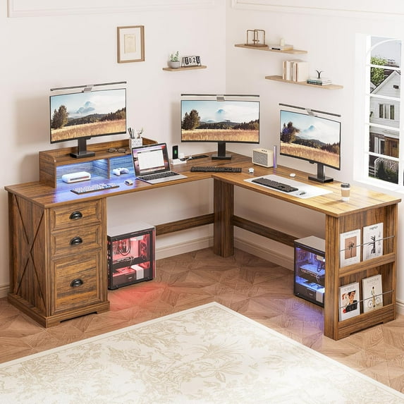 FREDEES L Shaped Desk with Movable Stand and Led Lights, 59 inch ...