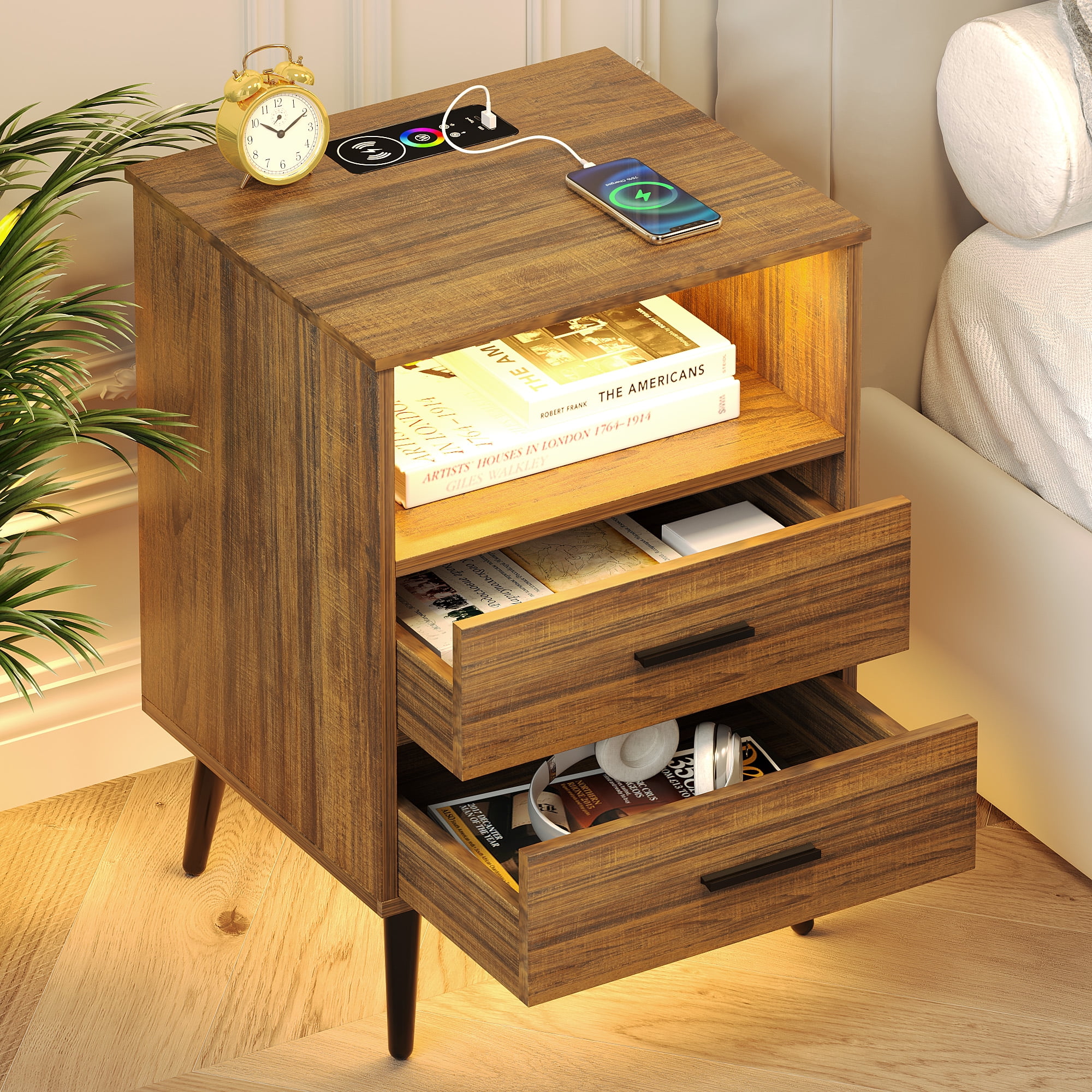 FREDEES LED Nightstand with Wireless Charging Station and Auto Lights ...