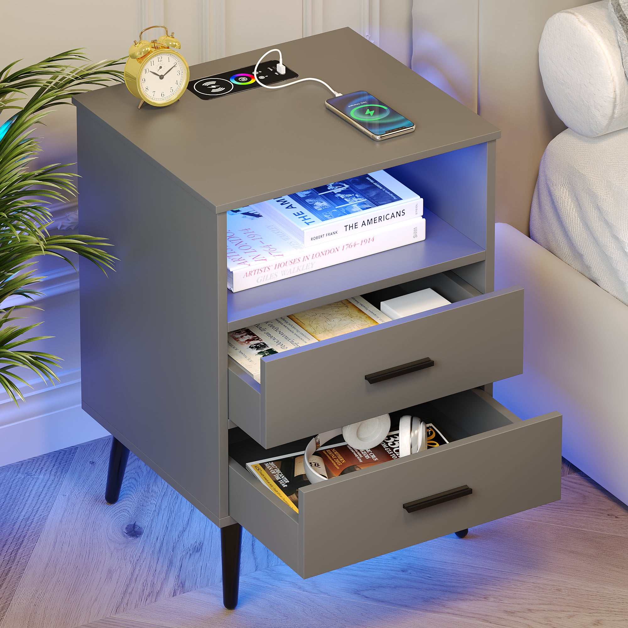 FREDEES LED Nightstand with Wireless Charging Station and Auto Lights ...