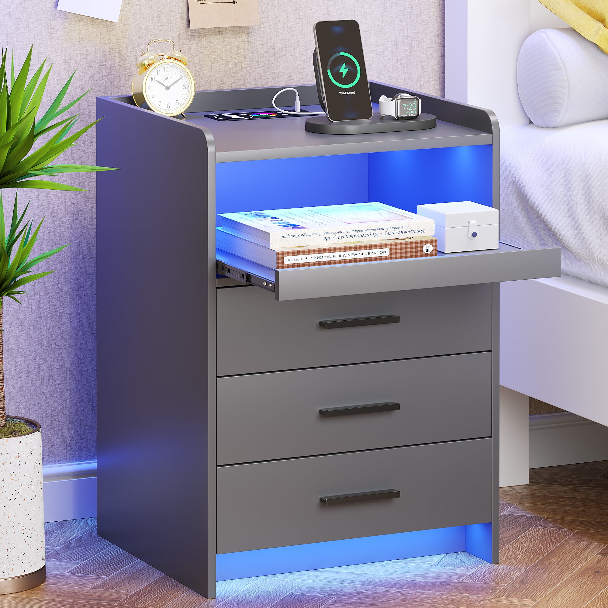 FREDEES Nightstand with Wireless Charging Station, Bedside Table with ...