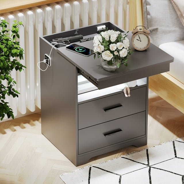 FREDEES Large Bedroom Furniture Nightstand, Concealed Storage Drawer ...