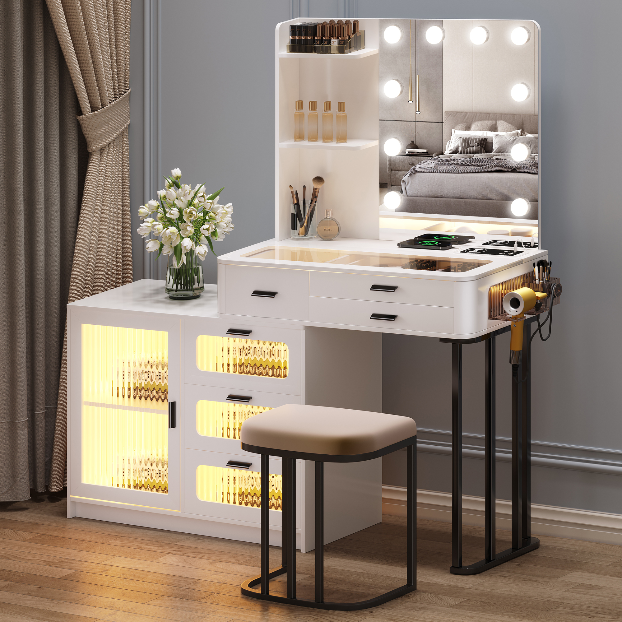 FREDEES Vanity Makeup Set with Mirror, Lights, USB Charging, Modern ...