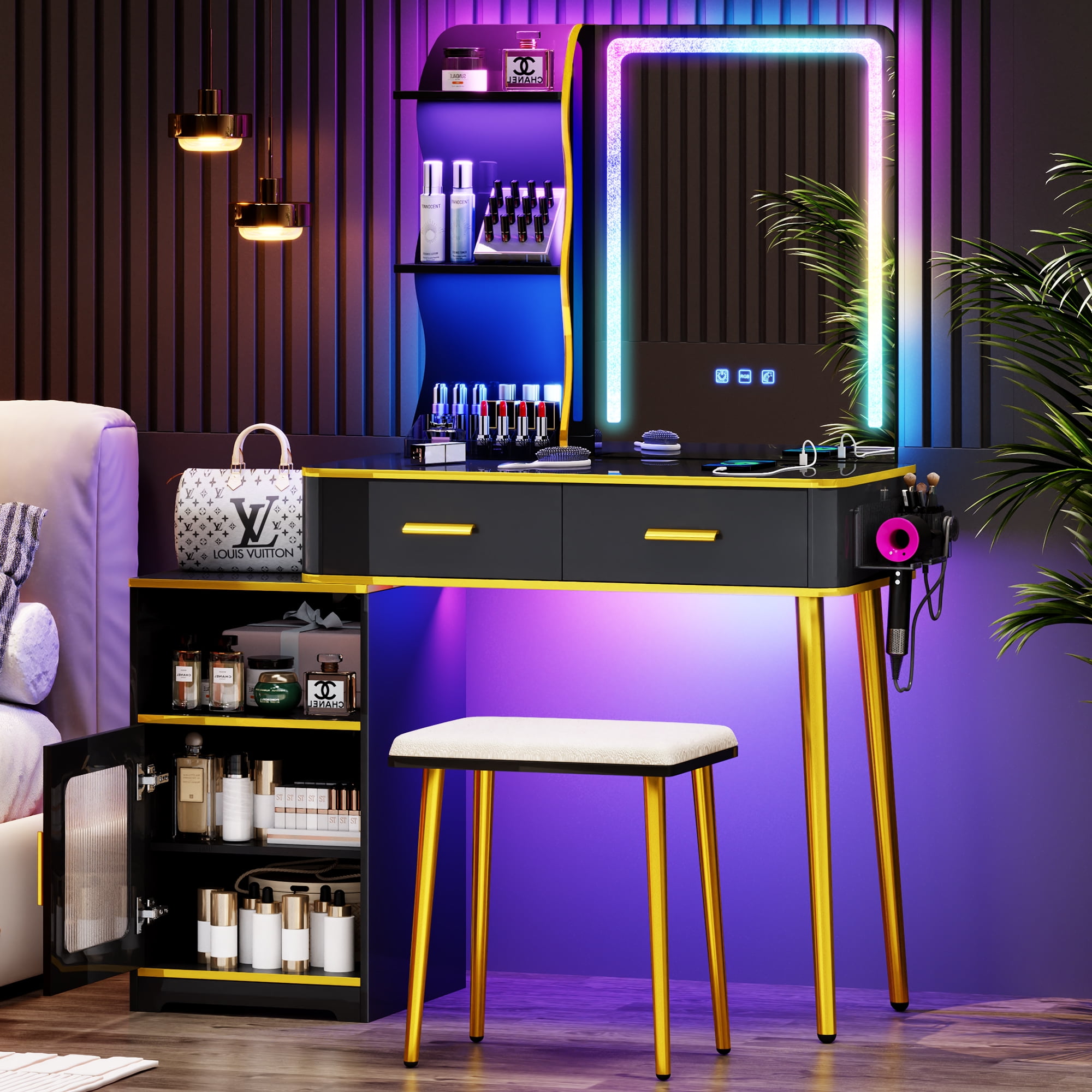 FREDEES Vanity Makeup Table with Mirror & Lights, Luxury Vanity Desk ...