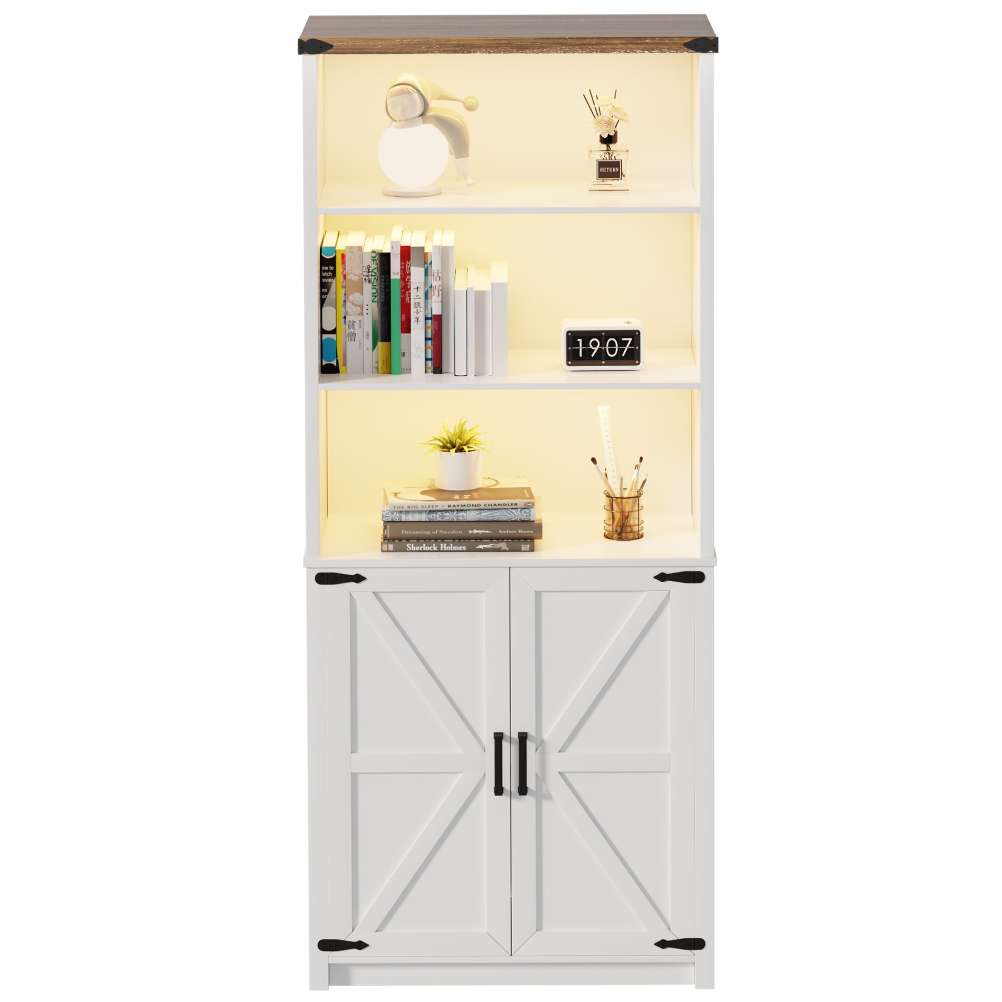 FREDEES White Tall Bookcase with Doors and Shelves, Farmhouse Vintage ...