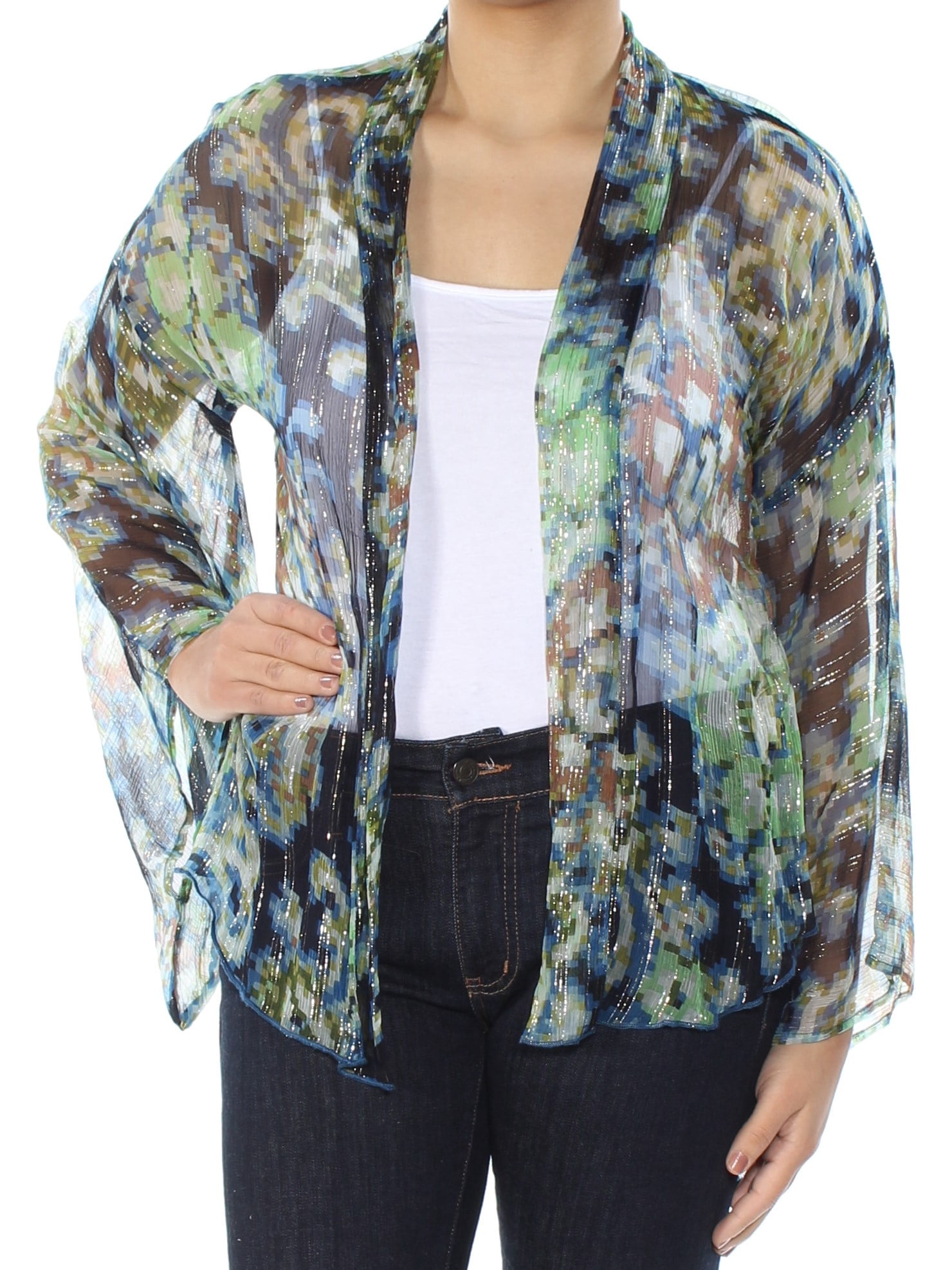 FREE PEOPLE $98 Womens New 2043 Navy Printed Sheer Bell Sleeve Top S B ...