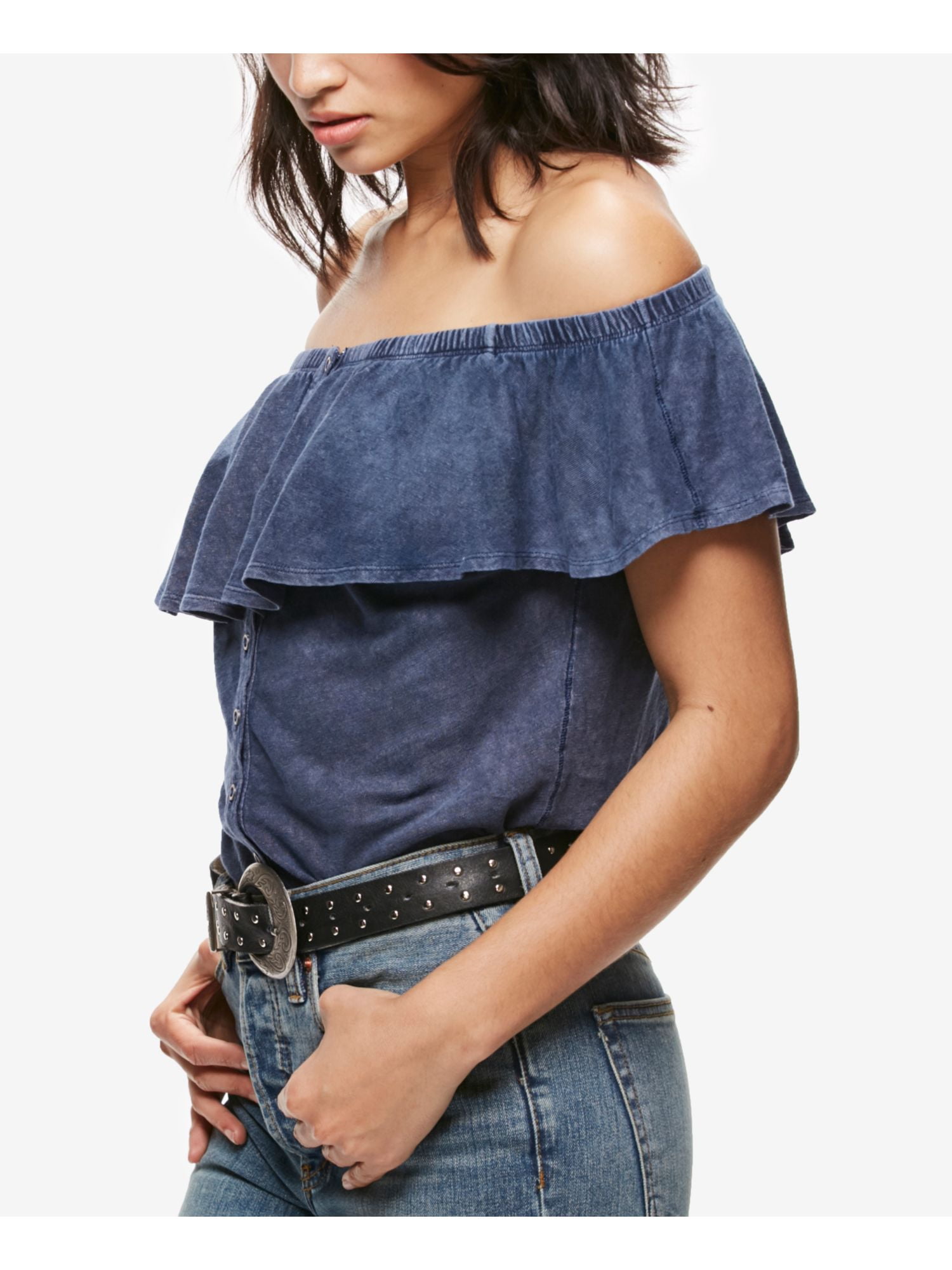 FREE PEOPLE Womens Navy Short Sleeve Off Shoulder Top Size: S - Walmart.com