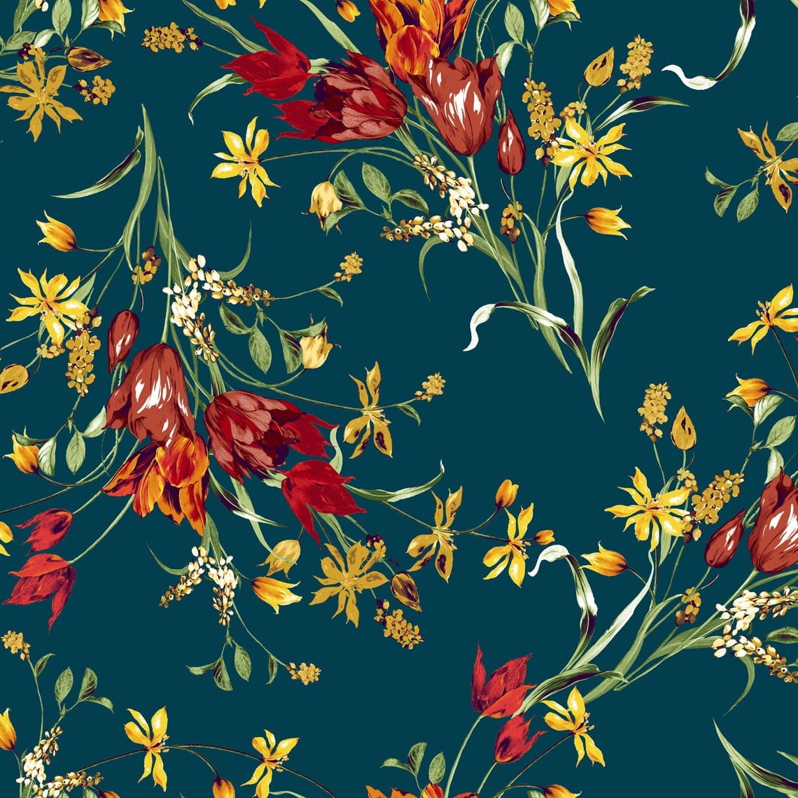 Teal Spicy Orange Medium Flowers Floral Pattern Printed on ITY Stretch ...