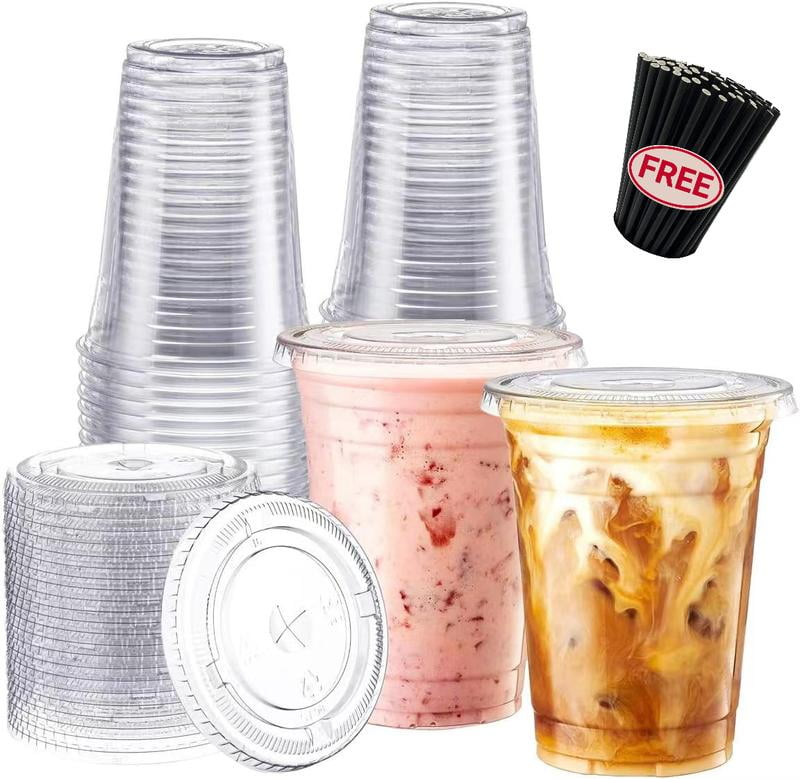 [FREE STRAWS] 200 Sets Clear Plastic Cups With Flat Lids, Disposable ...