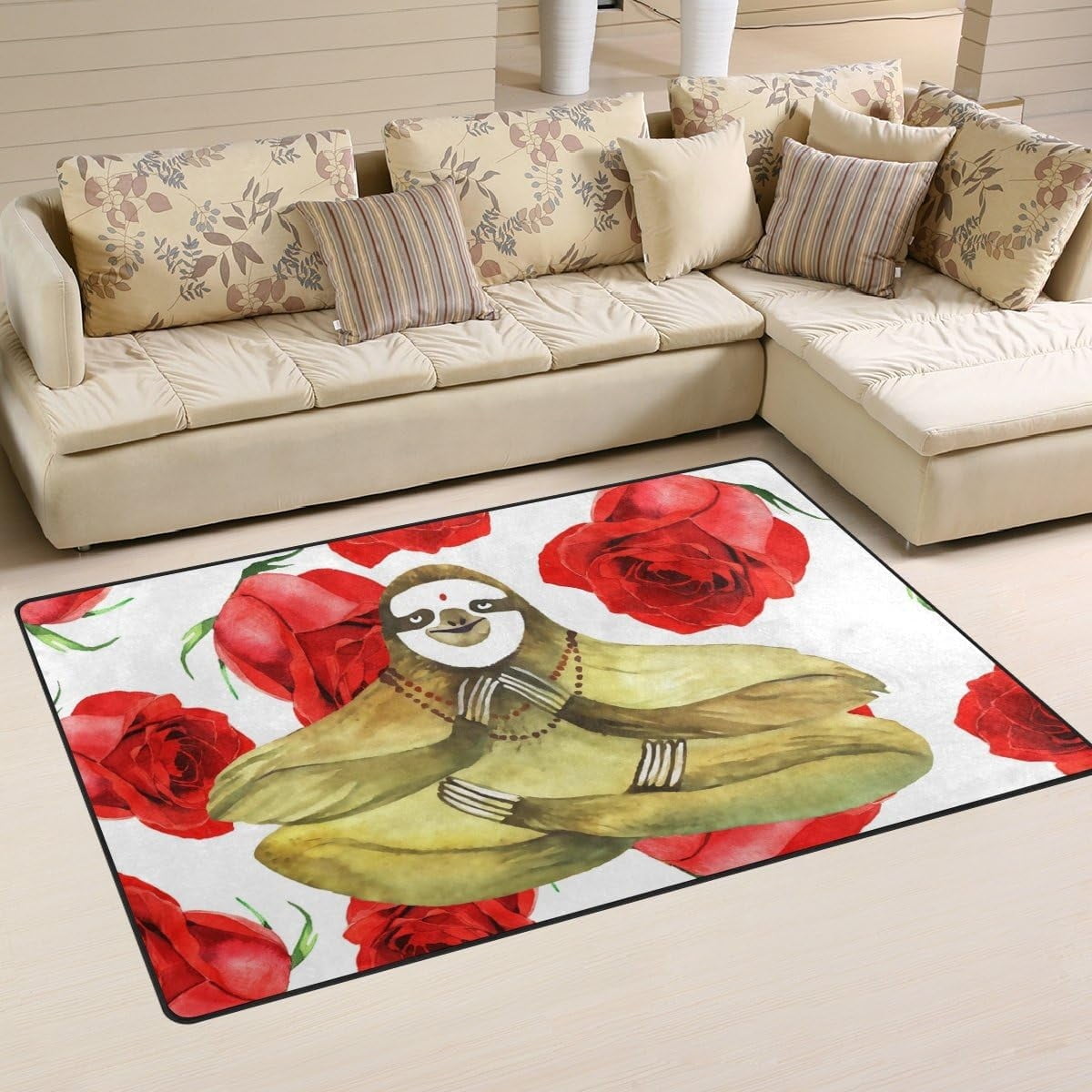 FREEAM Animal Area Rug 3'x5', Watercolor Yoga Sloth with Rose Flower ...