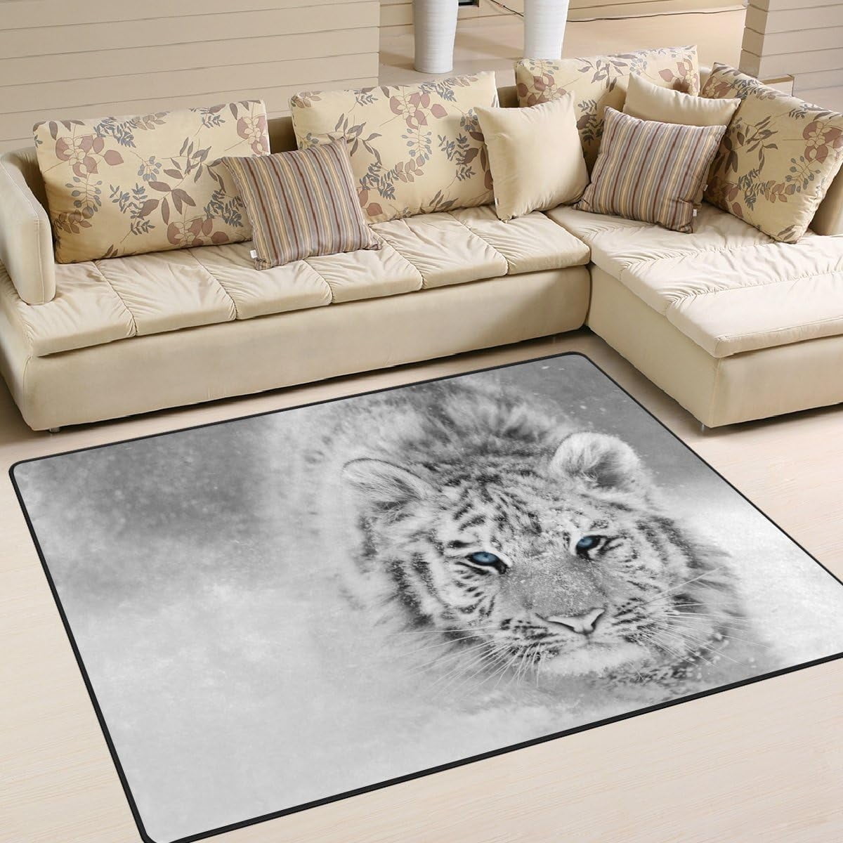 FREEAM Animal Tiger Area Rug 80"x58", Black and White Tiger in Snowy ...