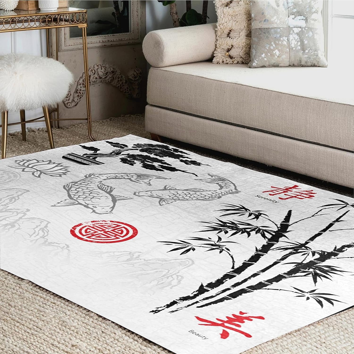 FREEAM Asian Oil Painting Koi Carp Fish Bamboo Mountain Area Rug Mat ...