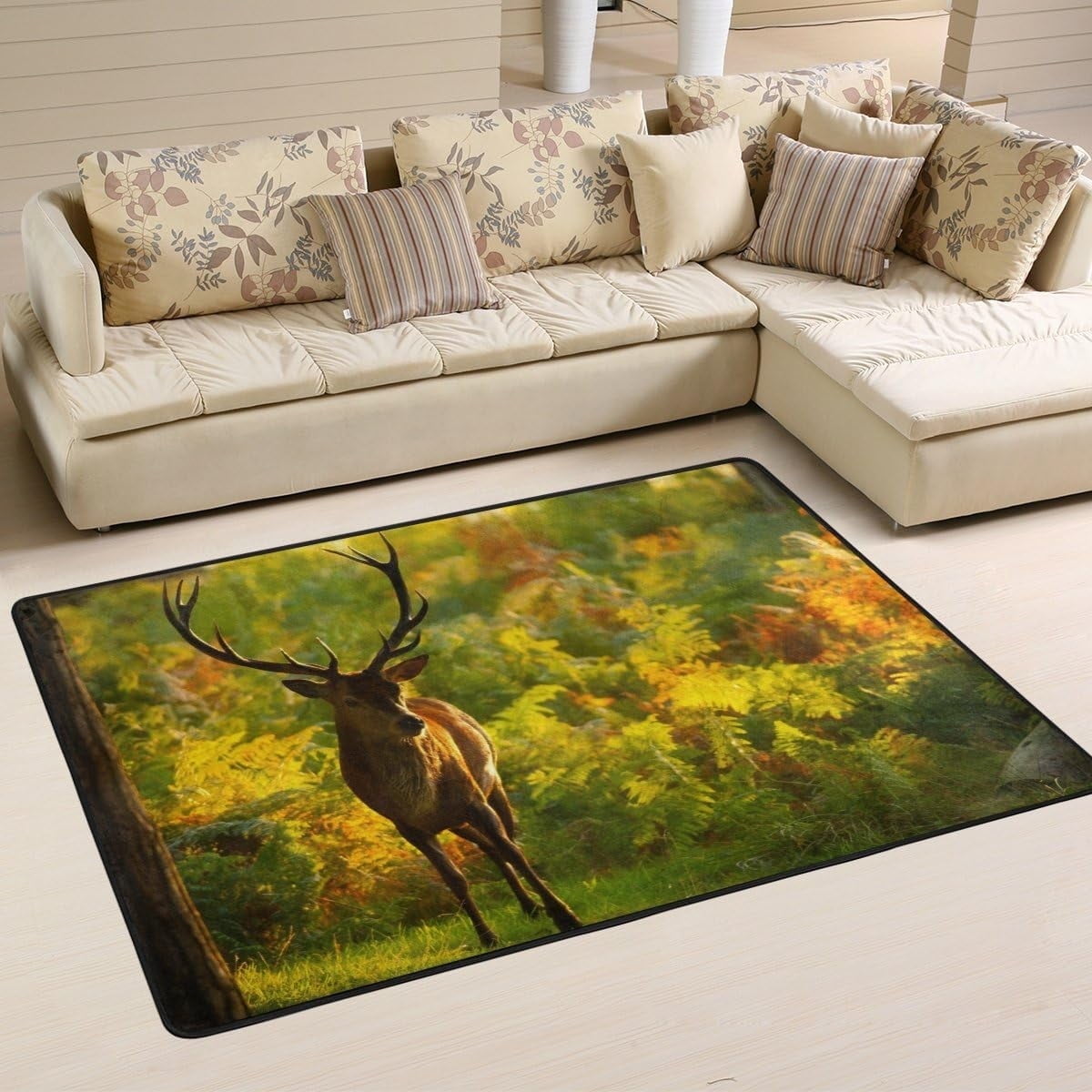 FREEAM Autumn Woodland Area Rug 4'x6', Animal Deer Stag Polyester Area ...