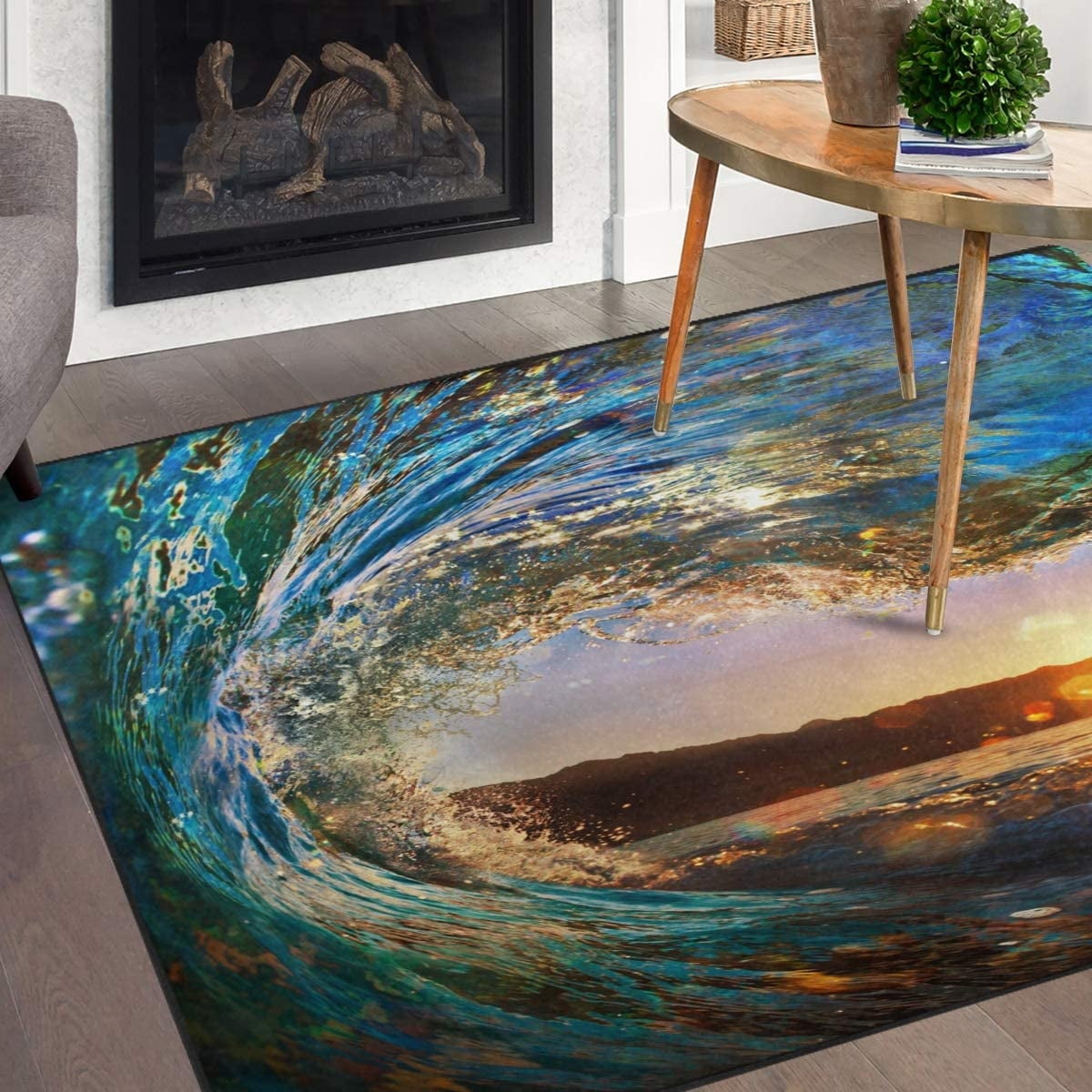 FREEAM Beach Theme Area Rug 4'x6', Ocean Wave Falling Down at Sunset ...