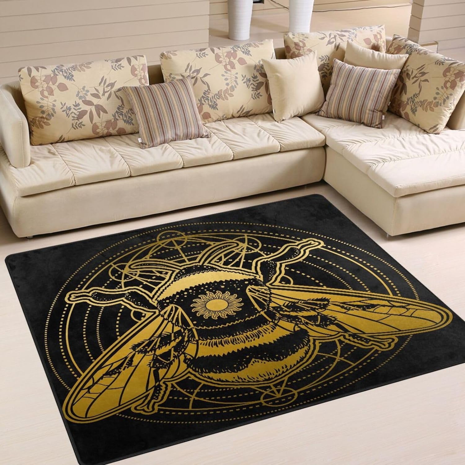 FREEAM Bohemian Golden Bee Sun Area Rug Mat for Living Dining Dorm Room ...