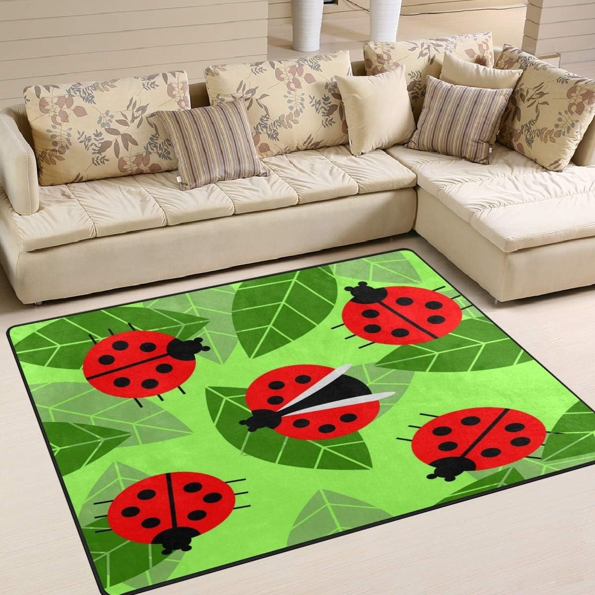 FREEAM Cartoon Ladybug on Leaves Area Rug Mat for Living Dining Dorm ...