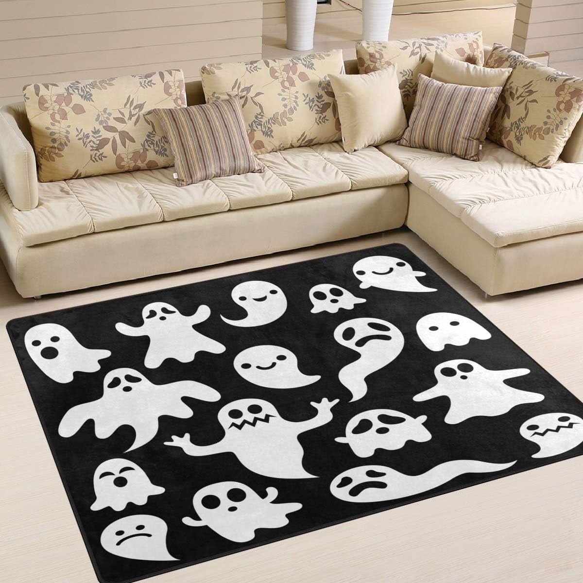 FREEAM Cartoon White Ghost Halloween Area Rug Mat for Living Dining ...