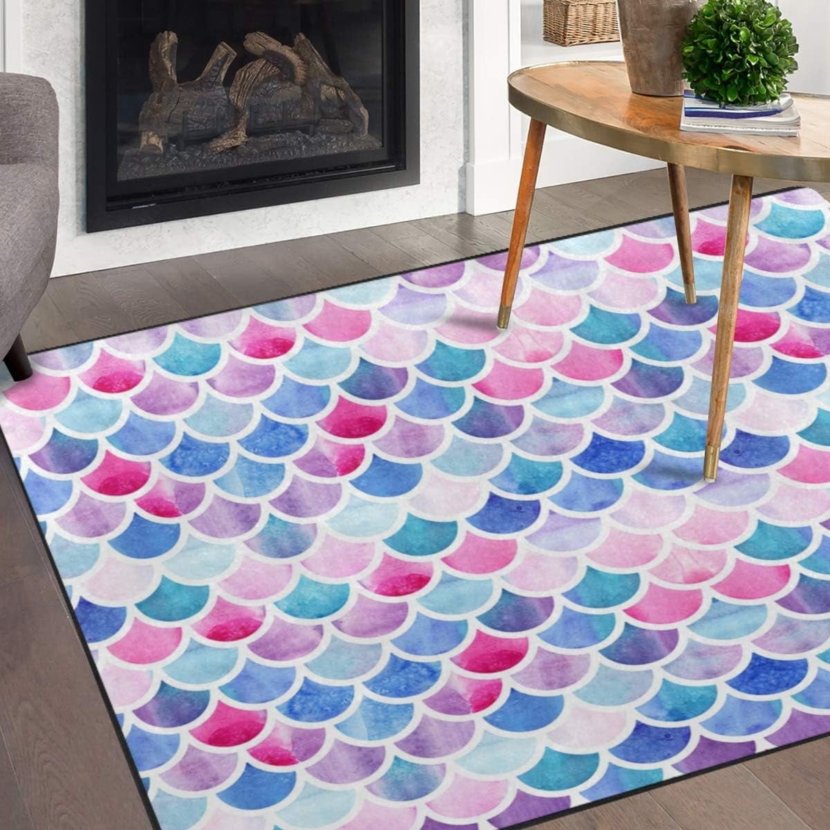 FREEAM Colorful Mermaid Scales Non Slip Area Rug for Living Dinning ...