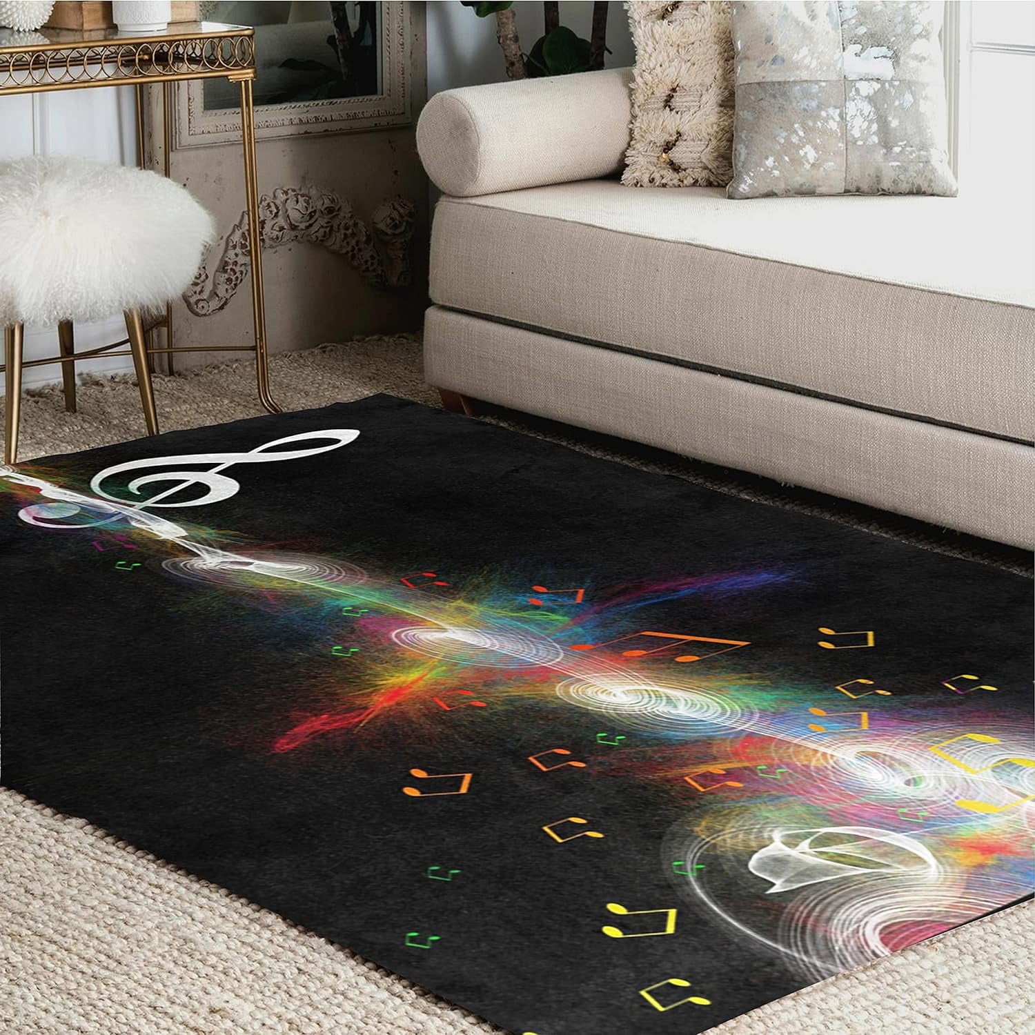 FREEAM Colorful Music Notes Black Area Rug Mat for Living Dining Dorm ...