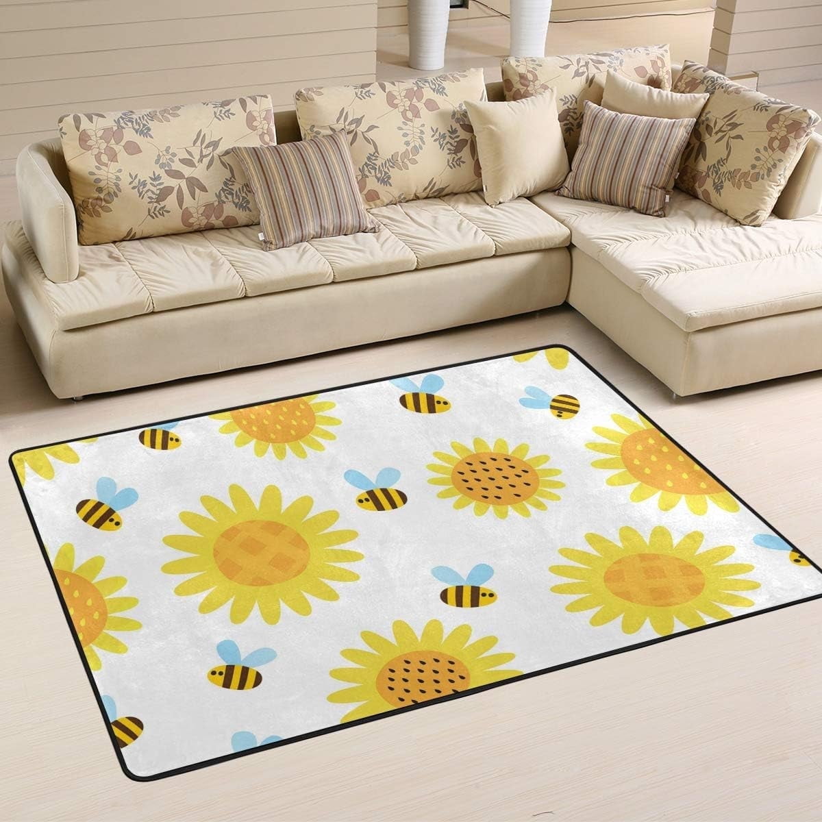 FREEAM Cute Flying Cartoon Bees Sunflowers Area Rug 2x3 Soft Rugs ...
