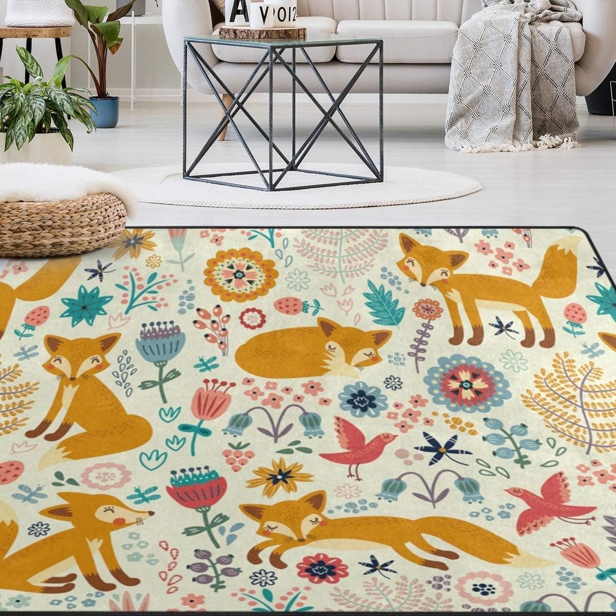 FREEAM Cute Fox Area Rug 3'x5', Cute Jungle Animal Fox with Flower ...