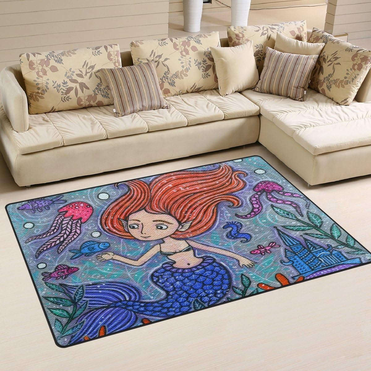 FREEAM Cute Underwater Princess Mermaid Non Slip Area Rug for Living ...