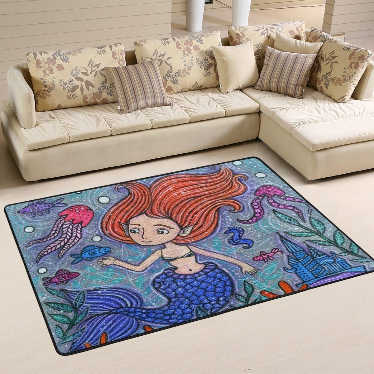 FREEAM Cute Underwater Princess Mermaid Non Slip Area Rug for Living ...