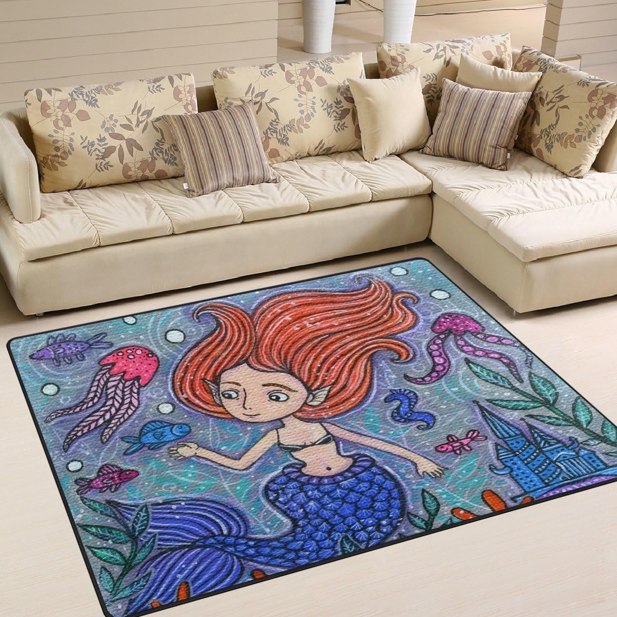FREEAM Cute Underwater Princess Mermaid Non Slip Area Rug for Living ...
