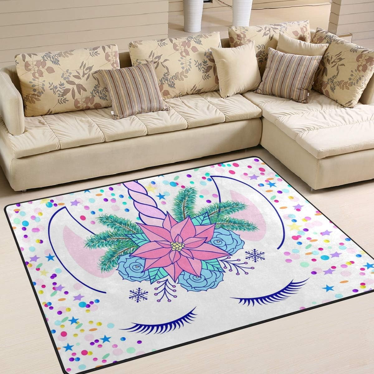 FREEAM Cute Unicorn with Stars Non Slip Area Rug for Living Dinning ...