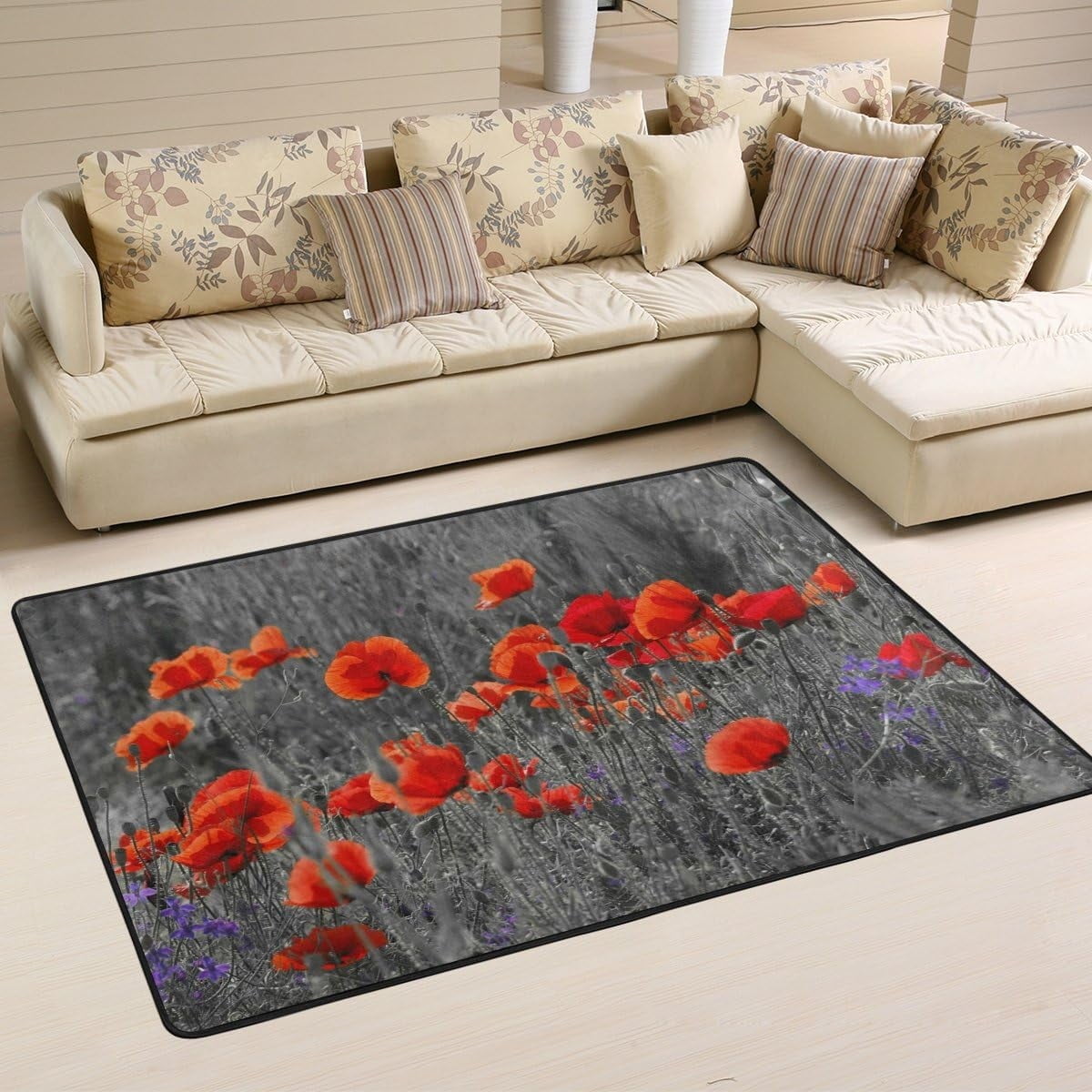 FREEAM Floral Flower Area Rug 2'x3', Black and White Red Poppy ...