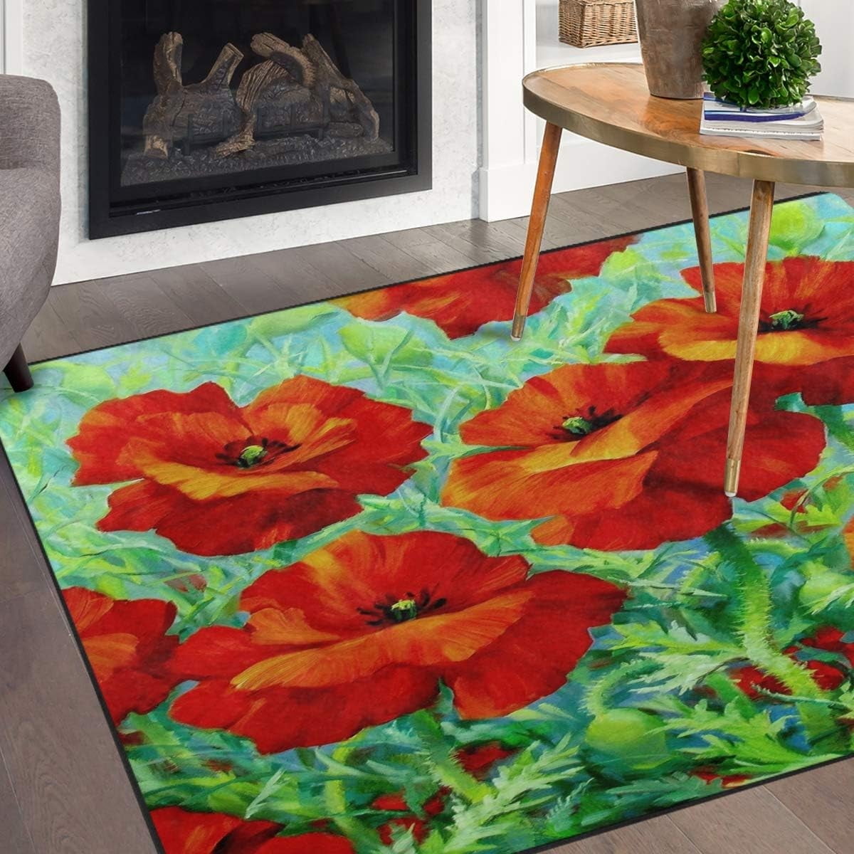 FREEAM Floral Poppy Art Area Rug 4'x6', Oil Painting Poppies in The ...