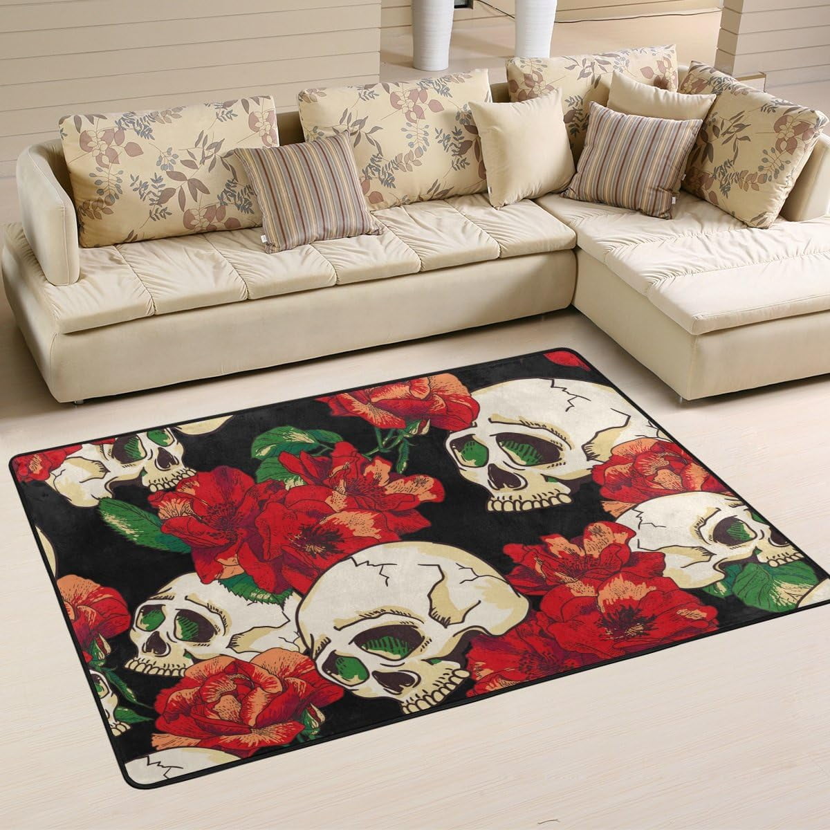 FREEAM Floral Skull Area Rug 4'x6', Skull and Flowers Day of The Dead ...