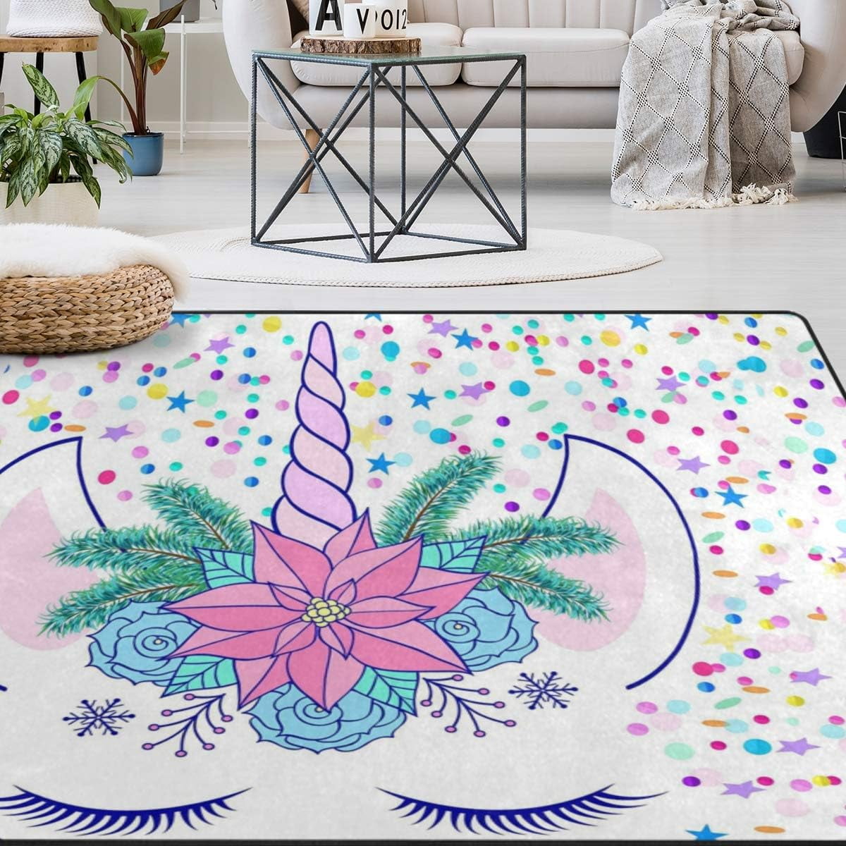 FREEAM Floral Unicorn Non Slip Area Rug for Living Dinning Room Bedroom ...