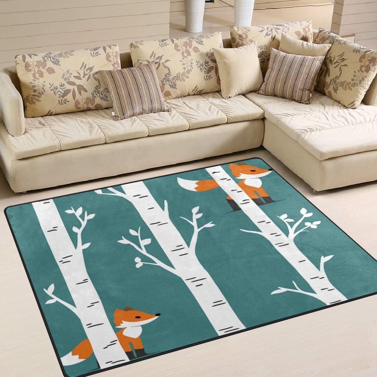 FREEAM Forest Animal Fox with Birch Trees and Leaves Non Slip Area Rug ...