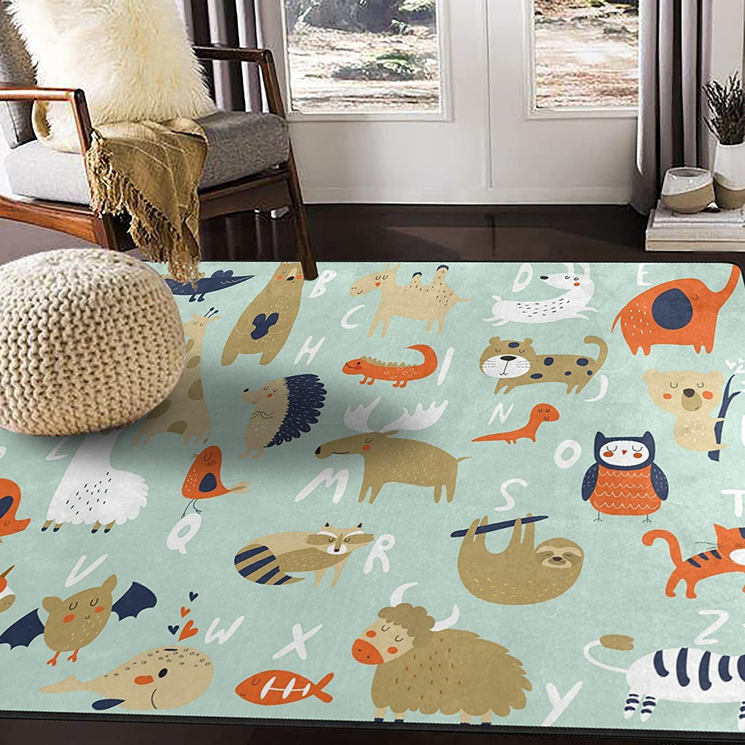 FREEAM Funny Alphabet ABC Elephant Tiger Sloth Area Rug Mat for Living ...