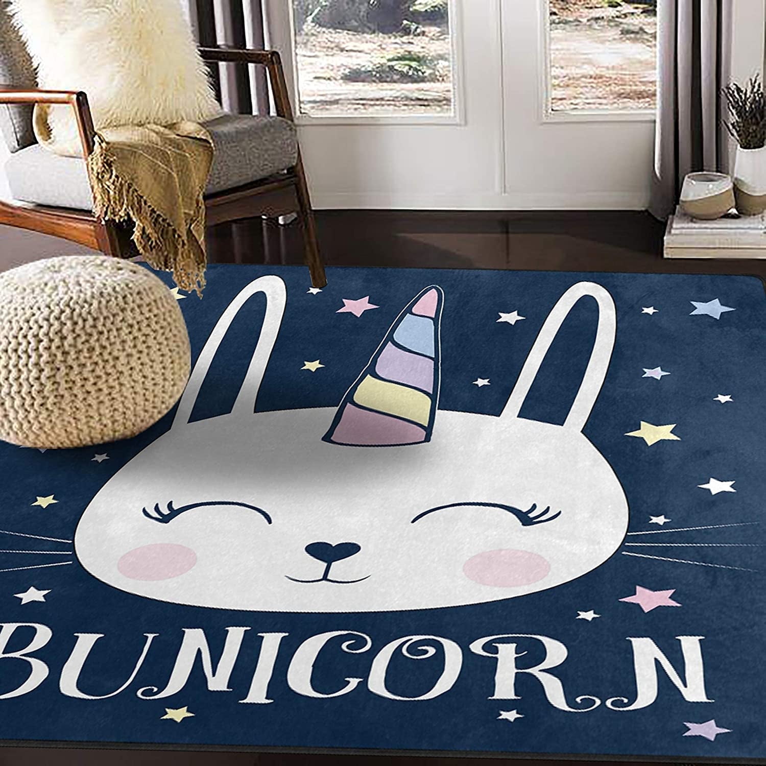 FREEAM Funny Unicorn Bunny Rabbit Star Blue Area Rug Mat for Living ...