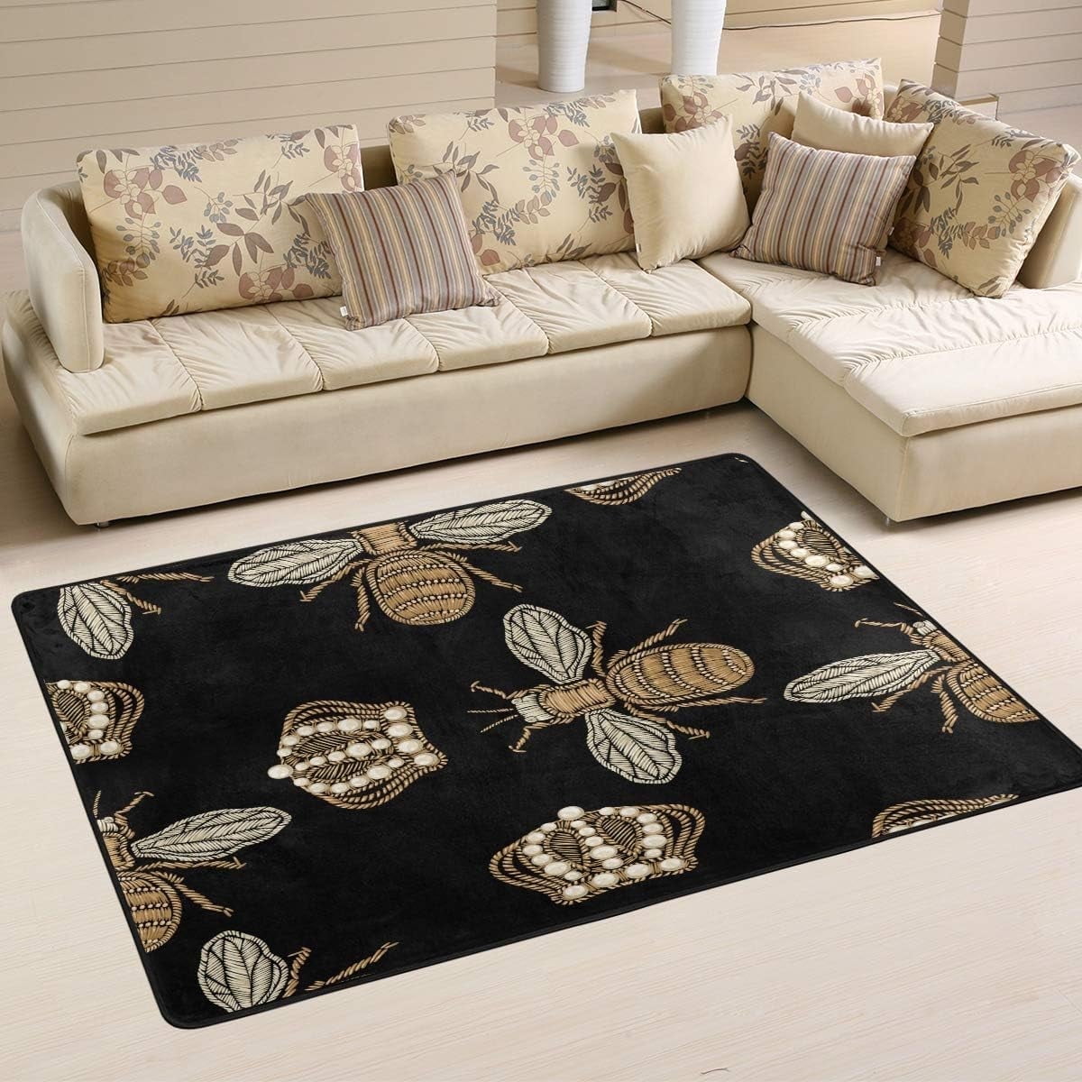 FREEAM Gold Embroidery Bee Crown Black Area Rug 24"x36" Soft Rugs ...
